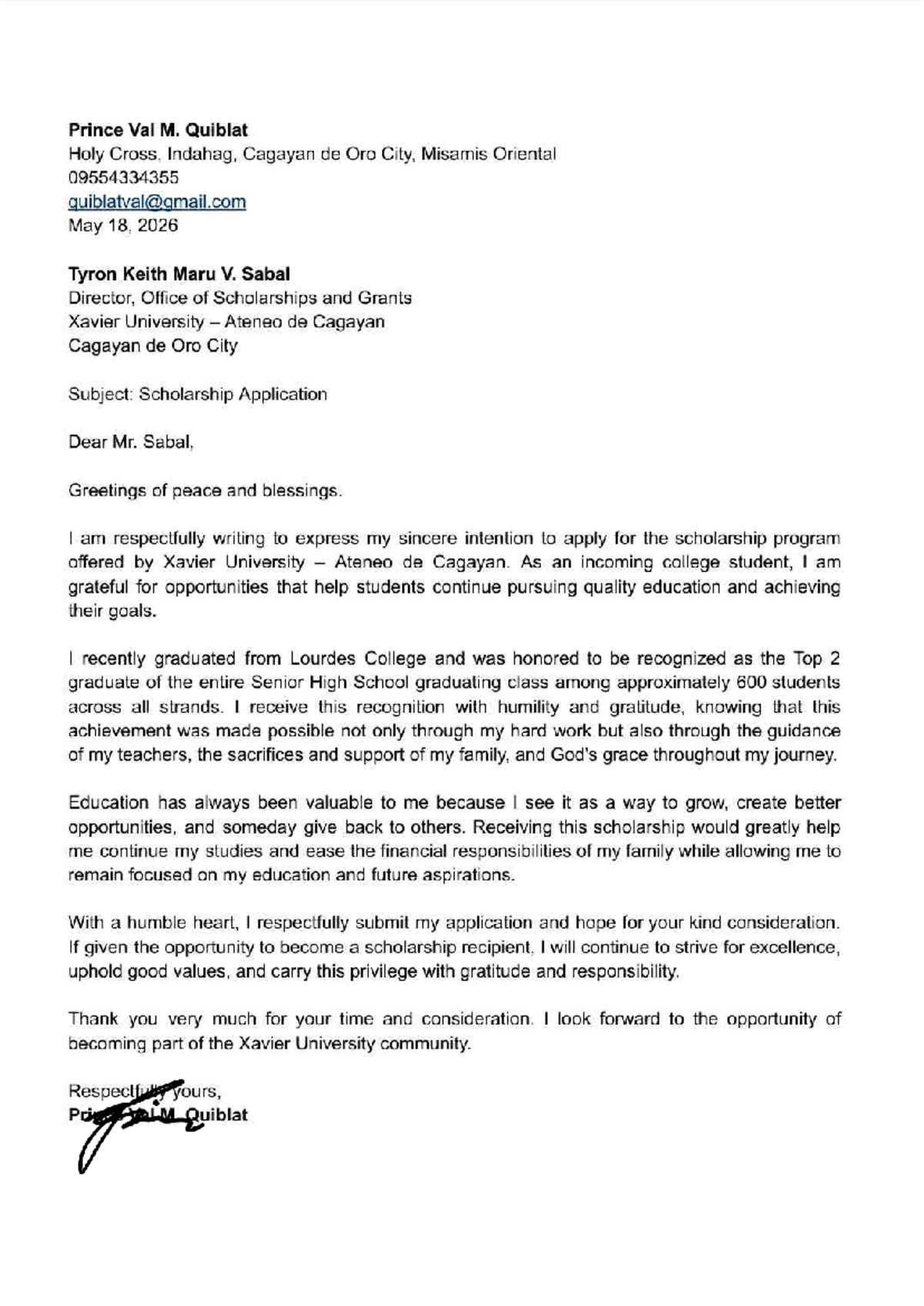 Scholarship Application Letter - Xavier University Notes - Studocu
