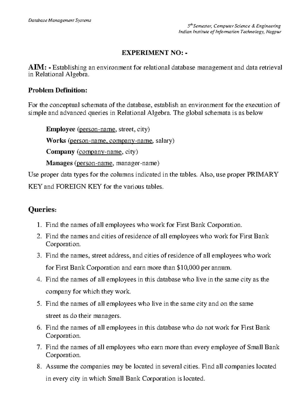 DBMS 5th Sem: Relational Algebra Queries Experiment 3 - Studocu