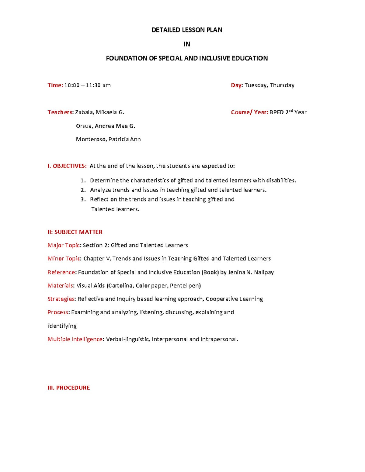 Final Lesson Plan for BPED 2: Teaching Gifted & Talented Learners - Studocu