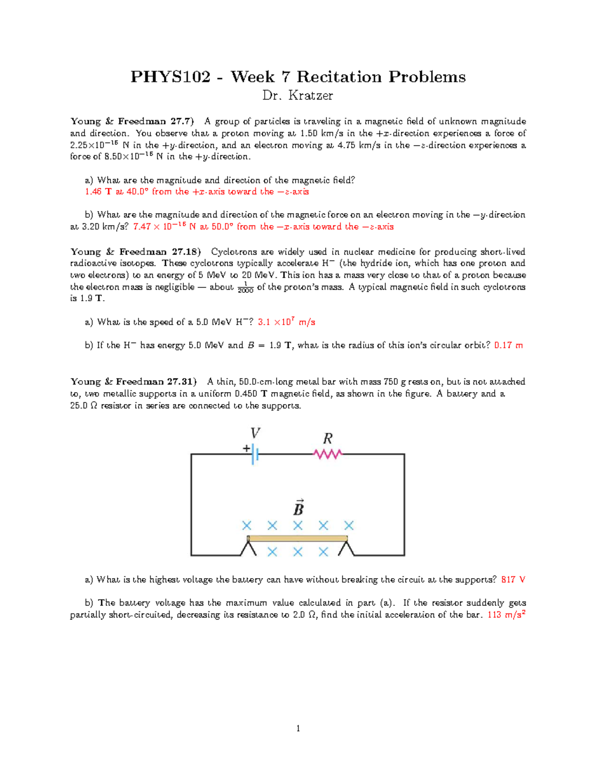 PHYS102 Recitation 7 - Magnetic Field and Forces Problems - Studocu