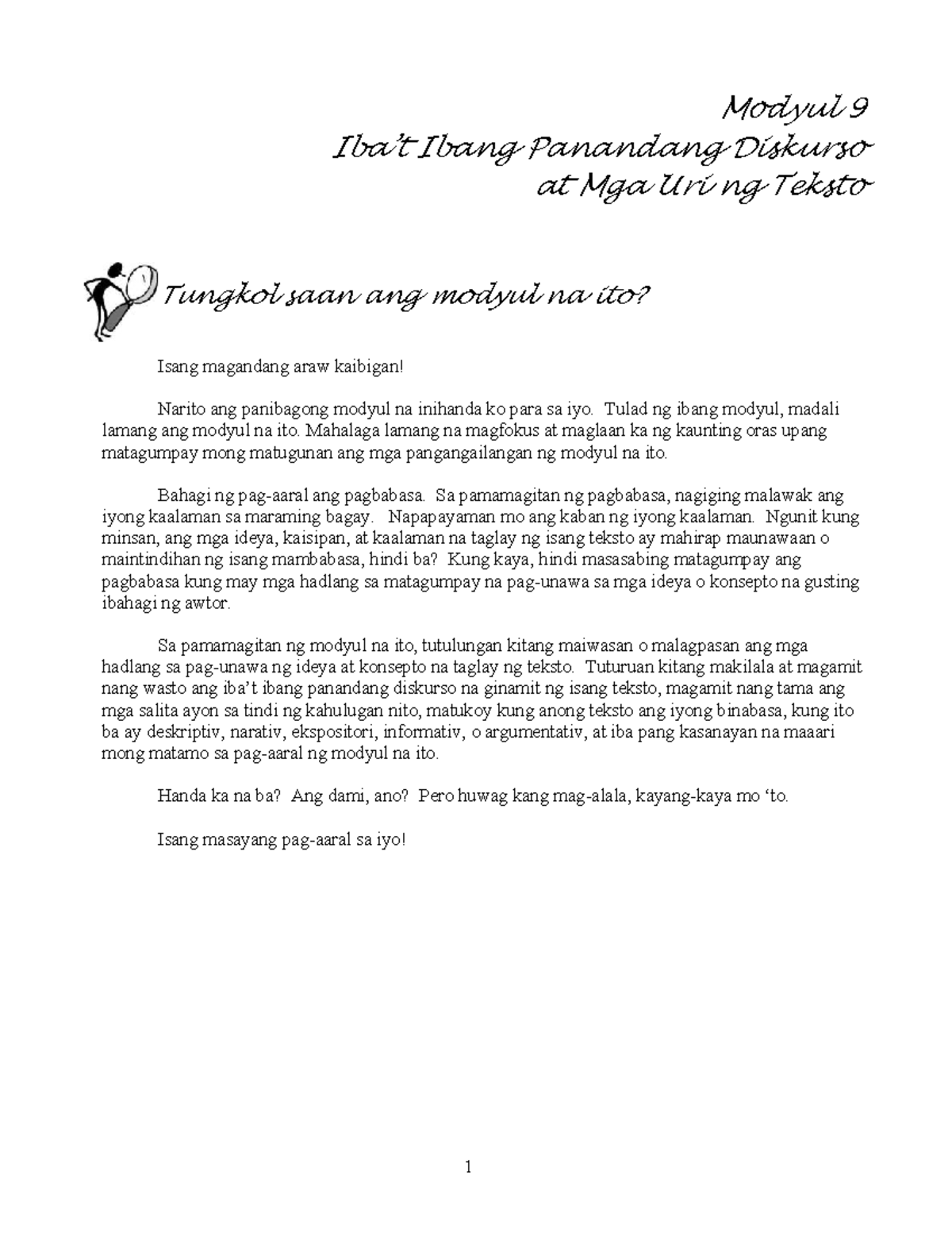 Modyul 9: Ibang Panandang Diskurso at Mga Uri ng Teksto - Studocu