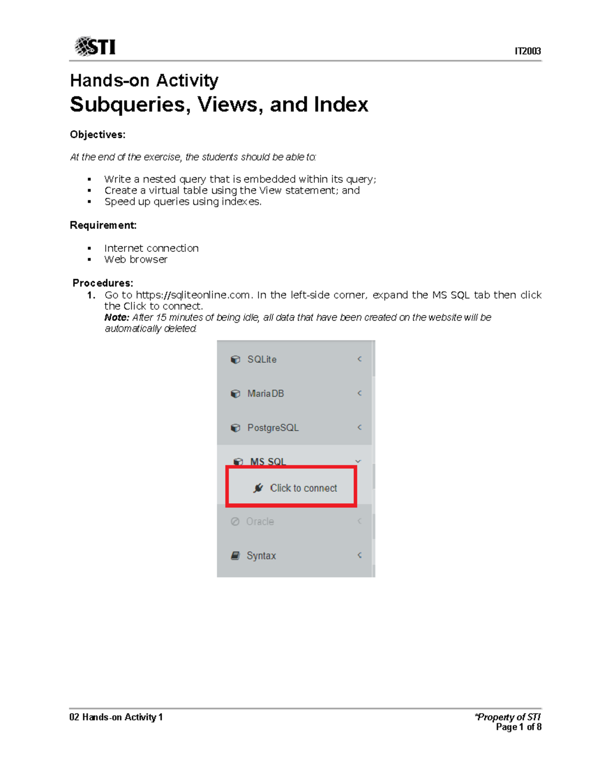 02 Hands-on Activity 1: Subqueries, Views, and Index (STI) - Studocu
