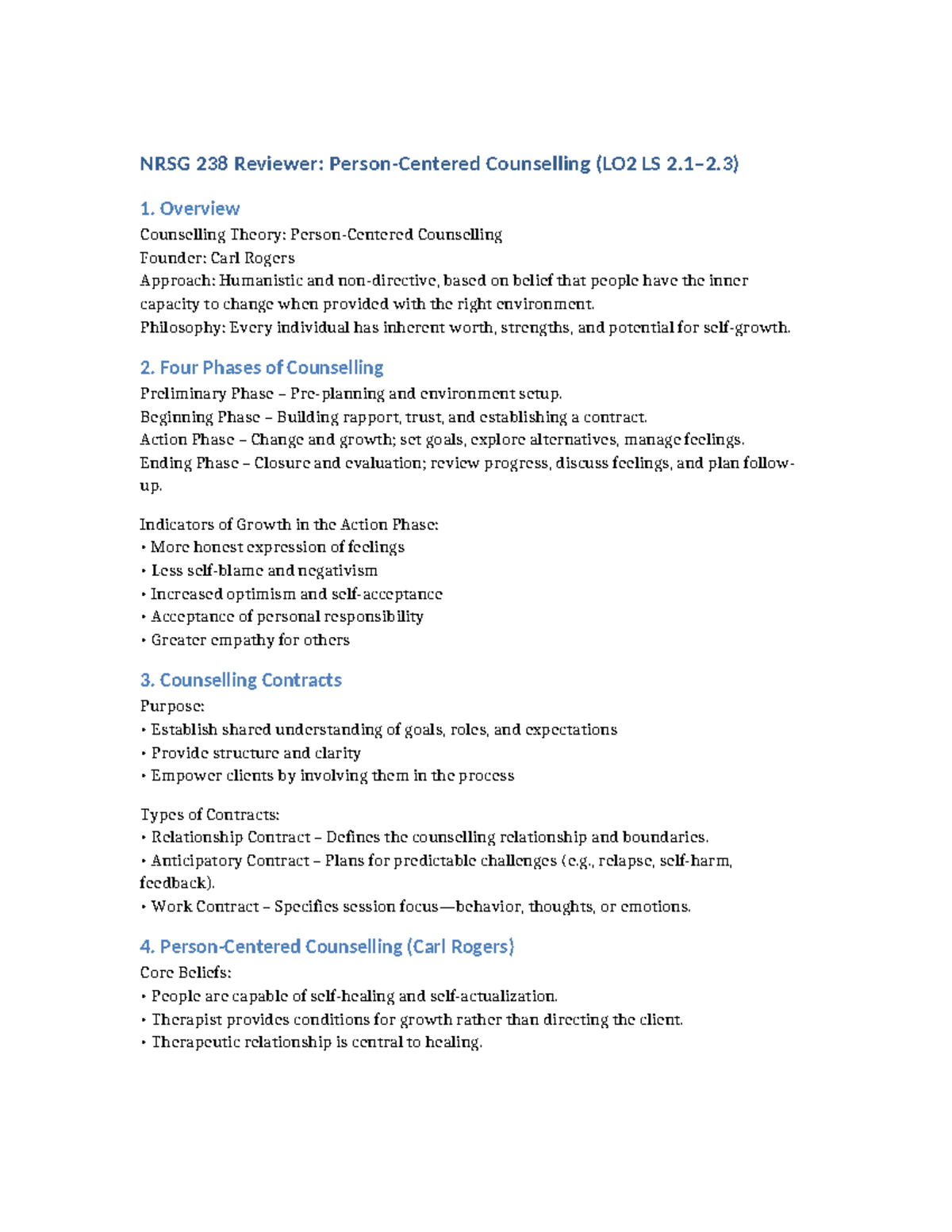 NRSG 238 Final Exam Reviewer: Person-Centered Counselling Overview ...