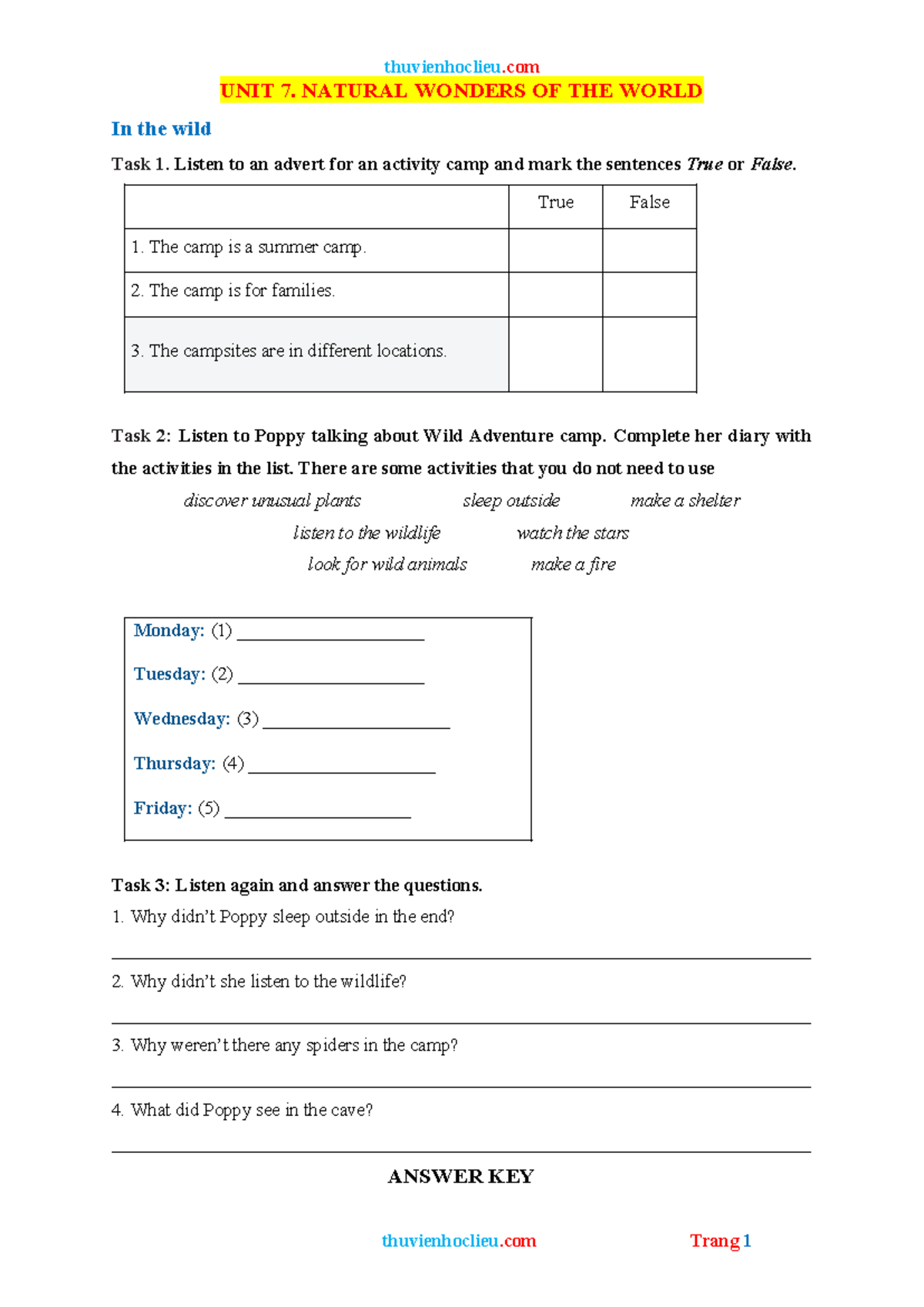 Unit 7: Natural Wonders of the World - Activities & Answers Guide - Studocu