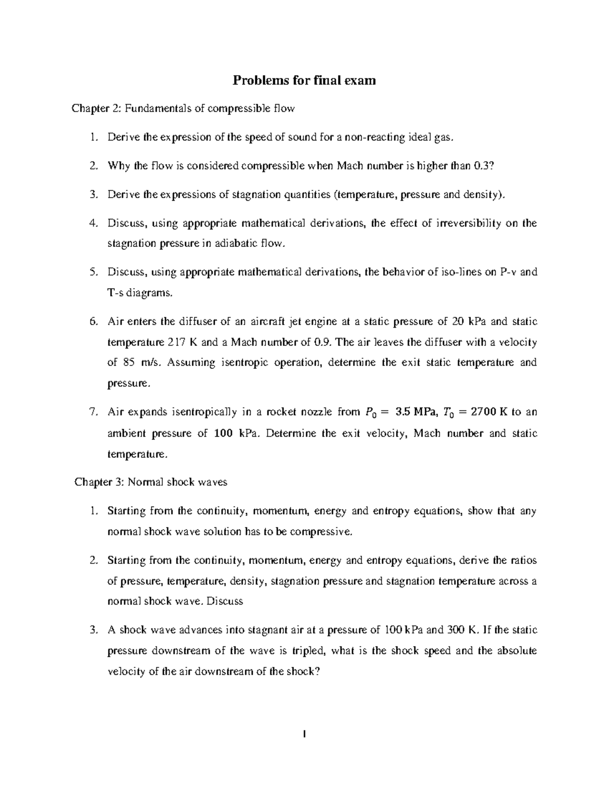 Gas Dynamics Final Exam Review Questions and Problems - Studocu