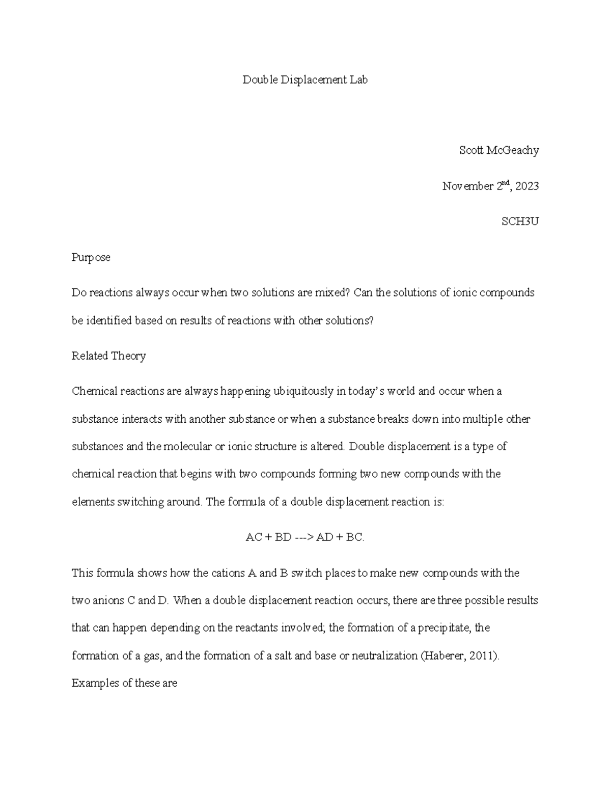 SCH3U Double Displacement Reactions Lab Report and Analysis - Studocu
