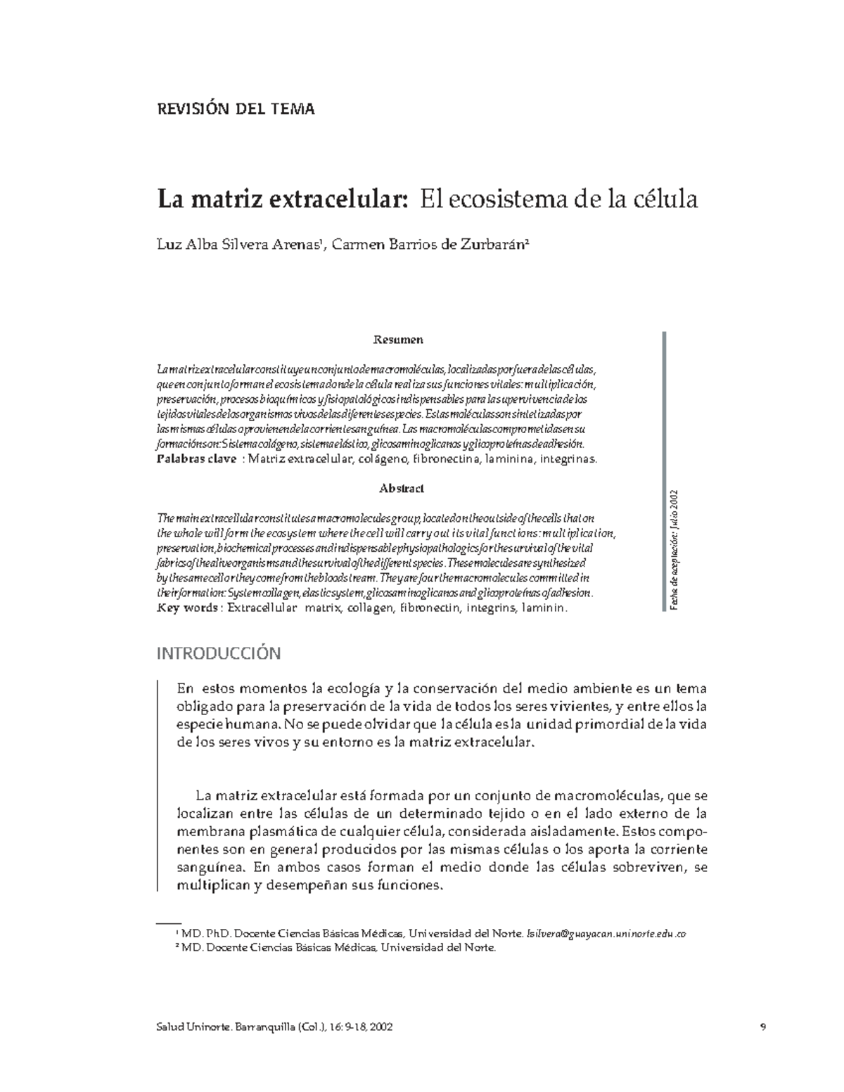 Matriz Extracelular: Ecosistema Celular y Funciones Vitales - Studocu