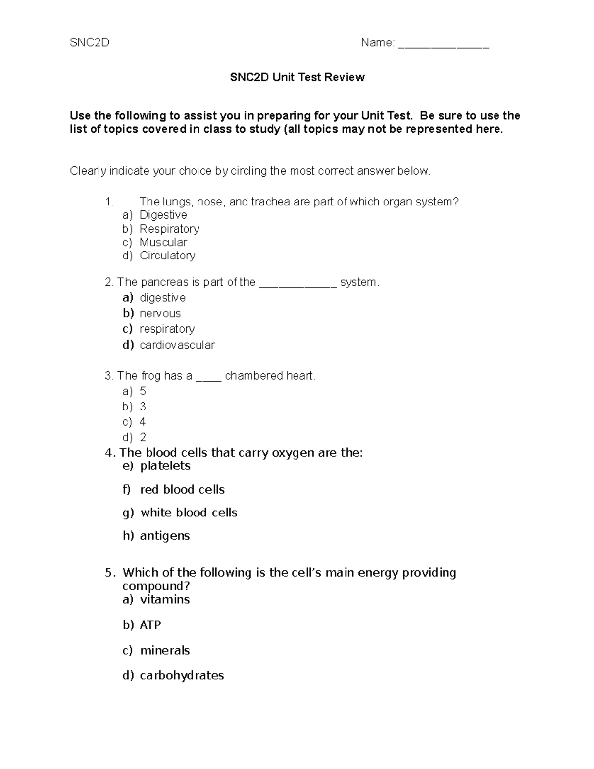 Biology lecture notes about the cell - SNC2D Unit Test Review Use the ...
