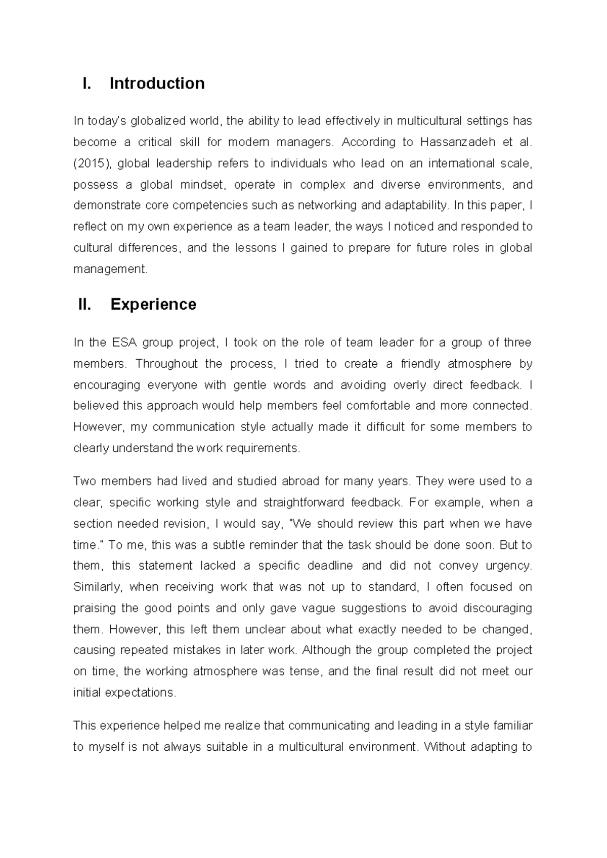 MGE4 - A3 Reflection on Multicultural Leadership Experiences - Studocu