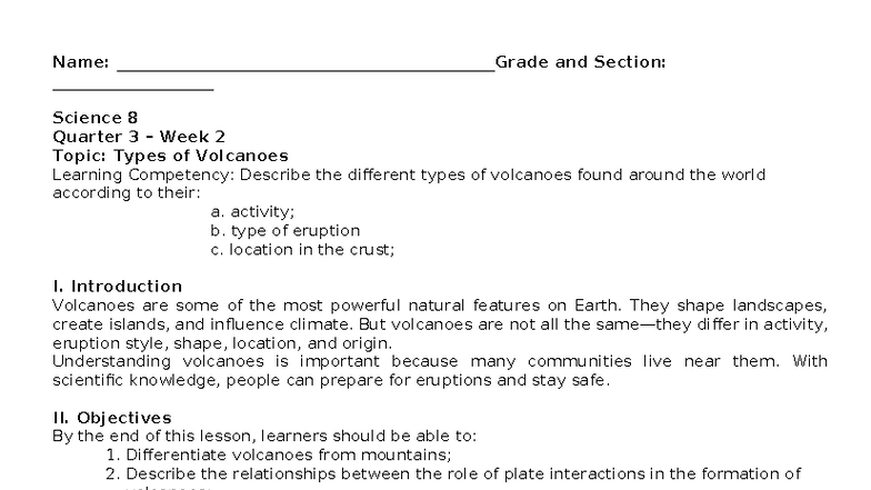 Science 8 Q3 W2: Understanding Types of Volcanoes and Eruptions - Studocu