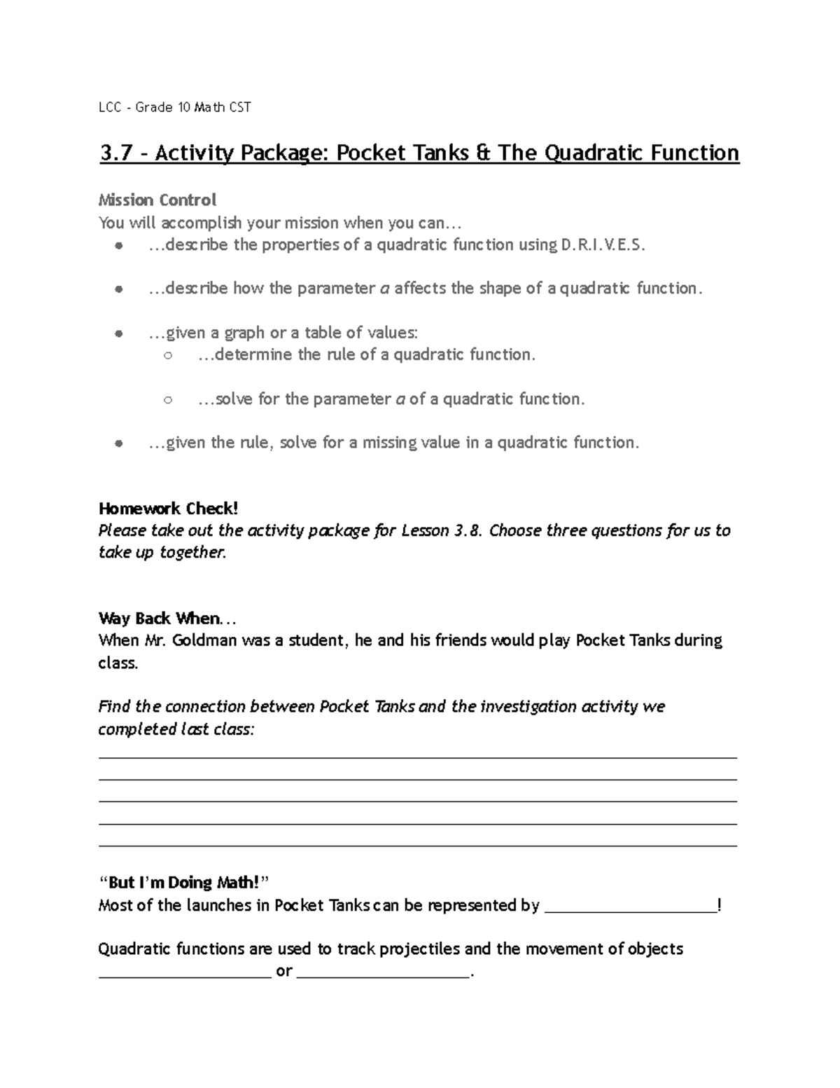 LCC Grade 10 Math CST 3.7 Activity: Pocket Tanks & Quadratics - Studocu