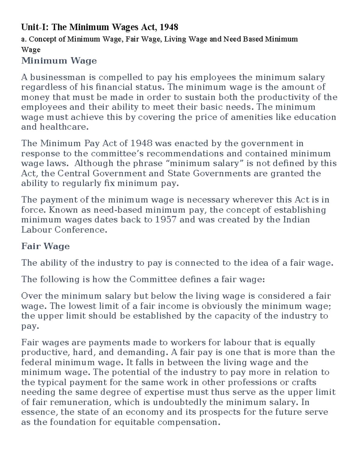 Labour Law II - Notes on Minimum Wages Act, 1948 and Related Concepts ...