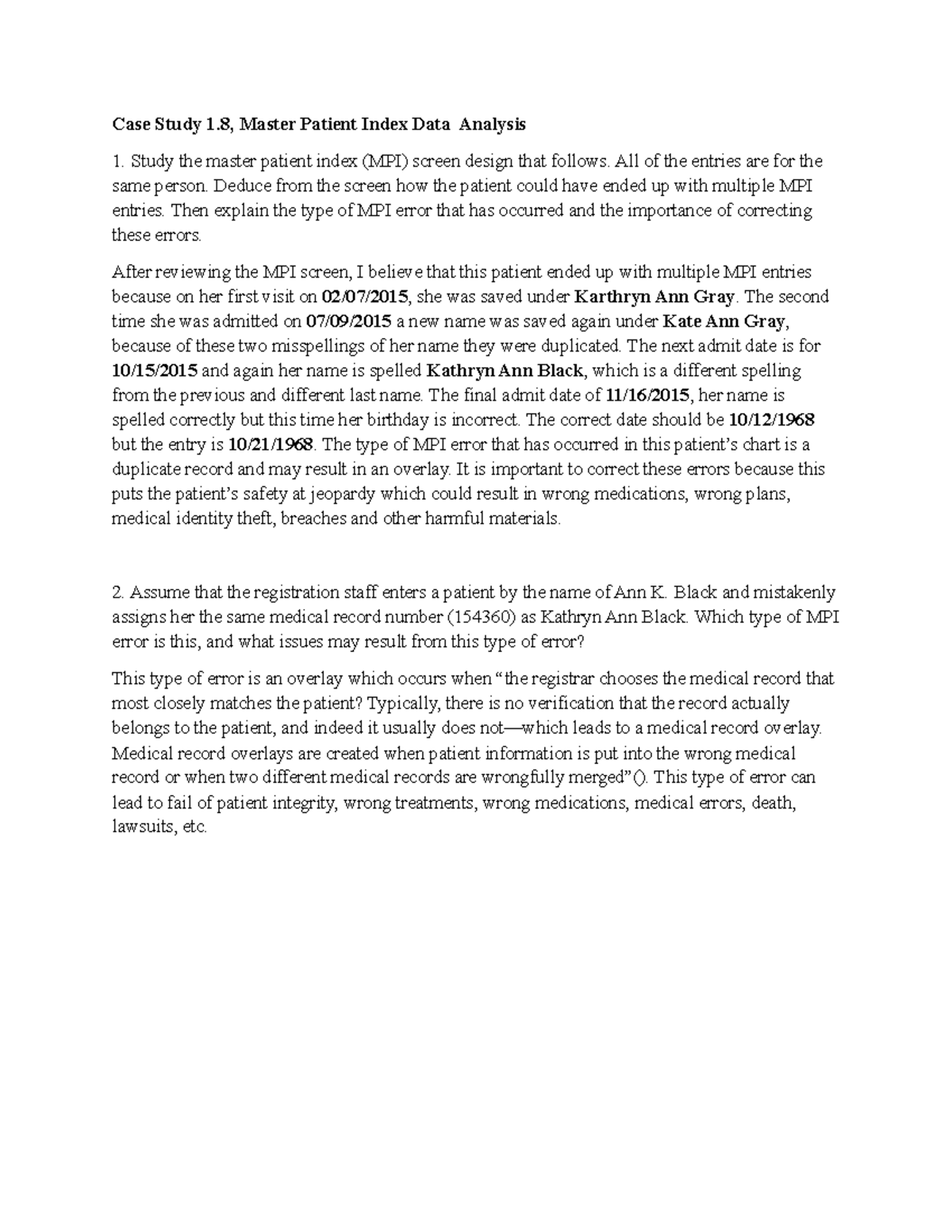 Case Study 1: Analyzing Master Patient Index Errors and Implications ...