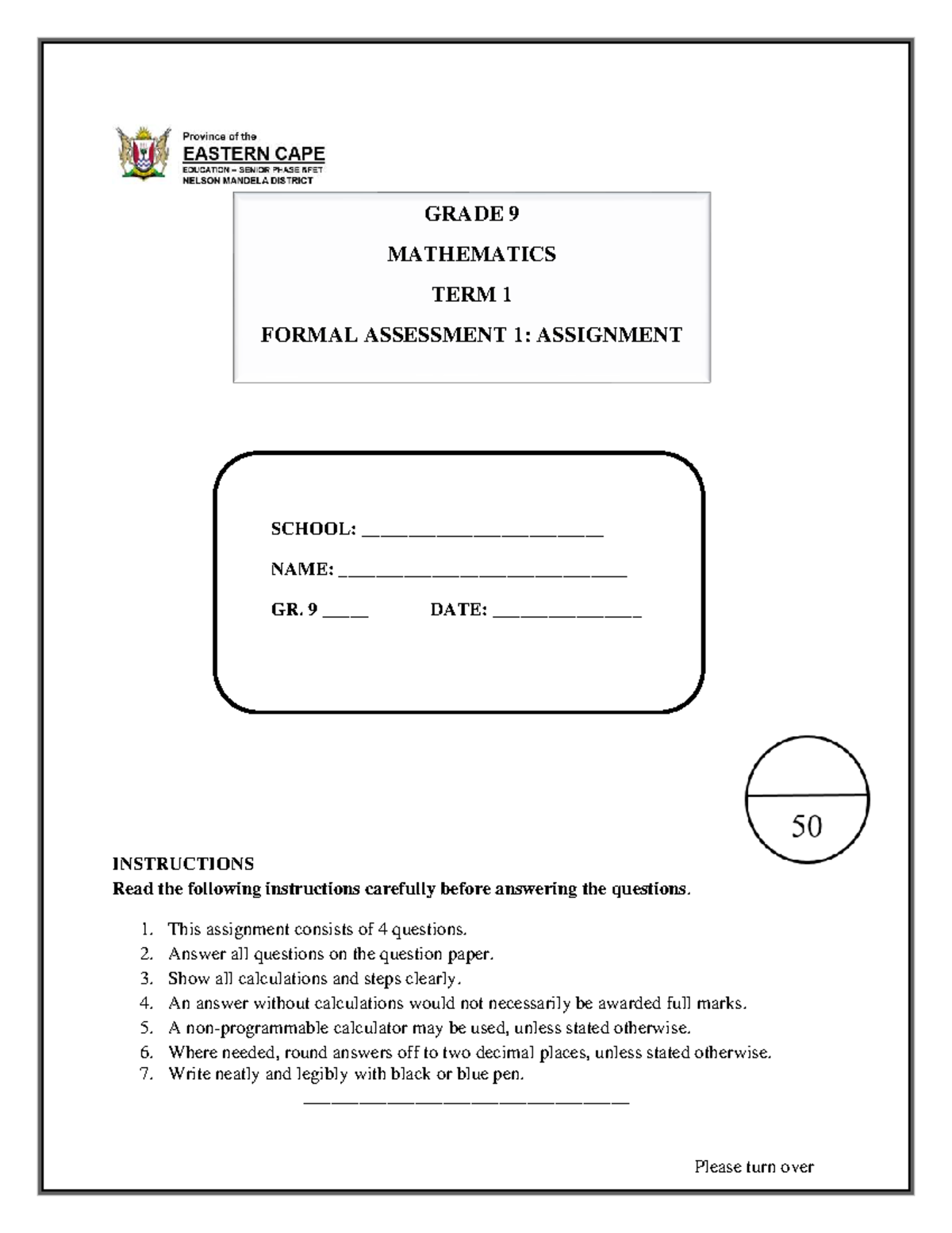 Math Assignment GR9 2022 Term 1: Formal Assessment 1 Guide - Studocu