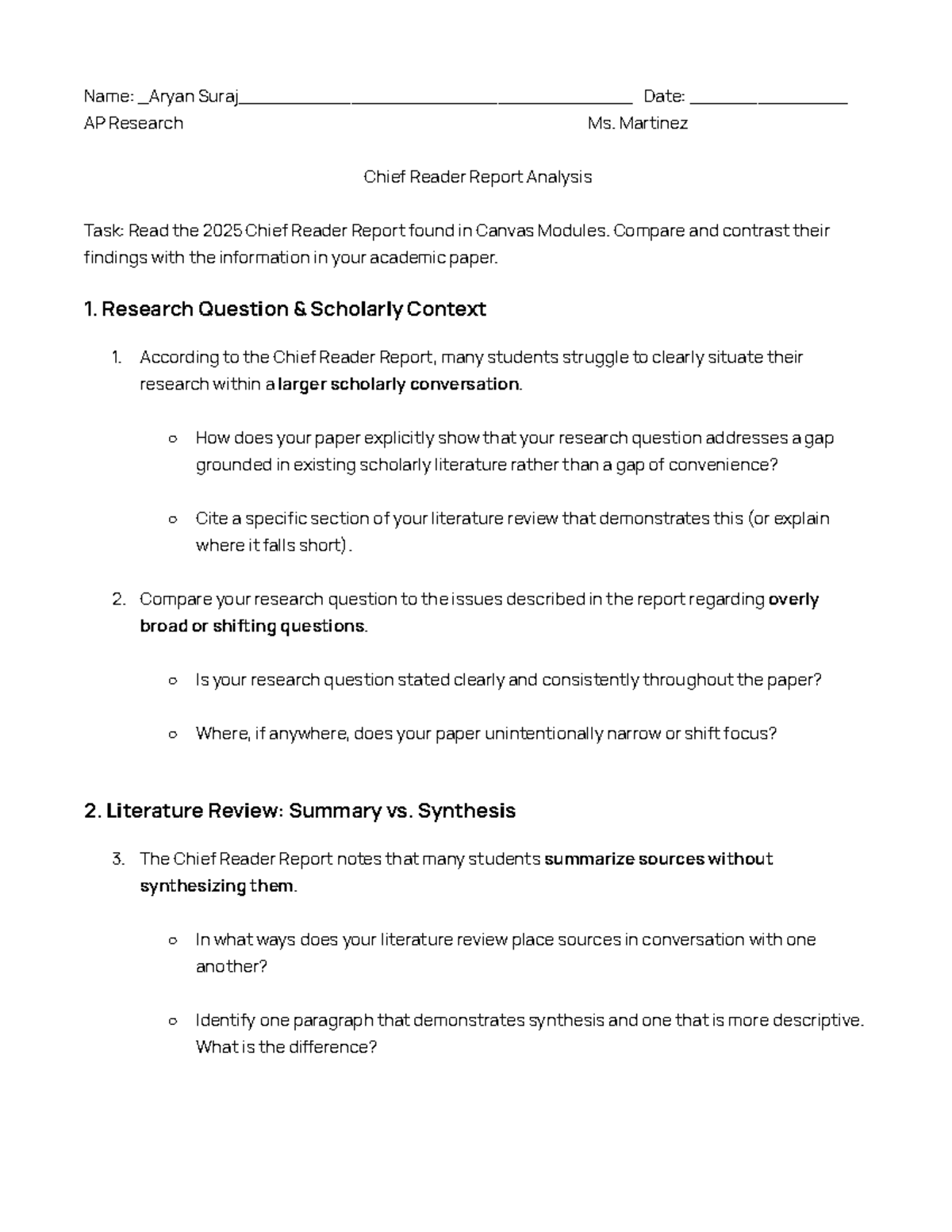 AP Research: Chief Reader Report Comparison by Aryan Suraj - Studocu