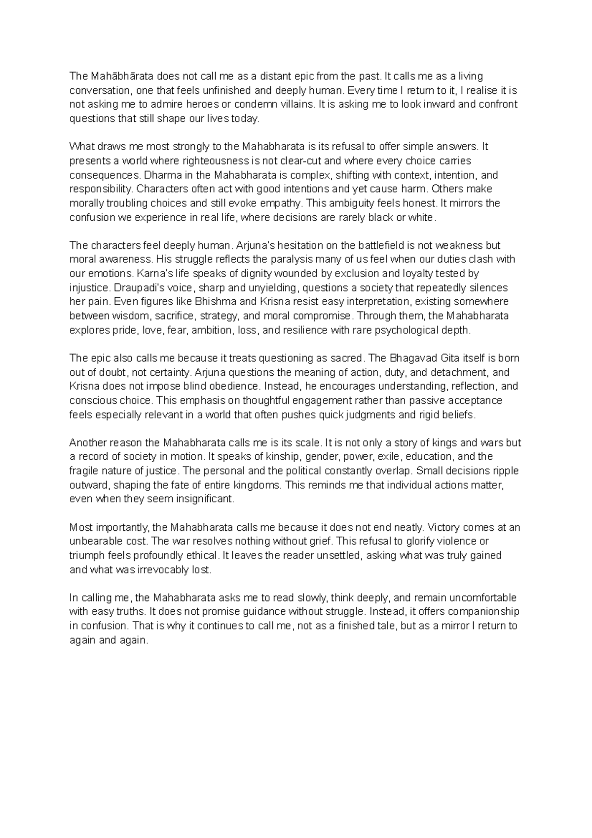 Why the Mahabharata Calls Me: A Deep Reflection on Its Relevance - Studocu