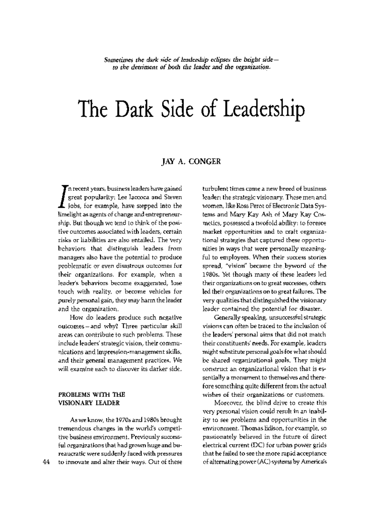 The Dark Side of Leadership: Analyzing Conger's Insights - Studeersnel