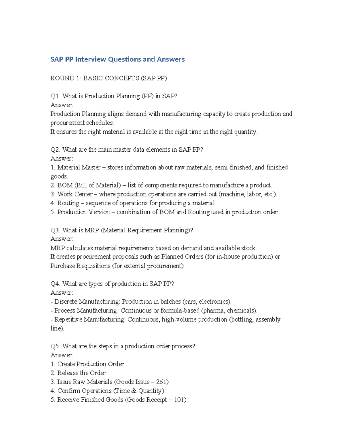 SAP PP Interview Questions & Answers: Basic Concepts Overview - Studocu
