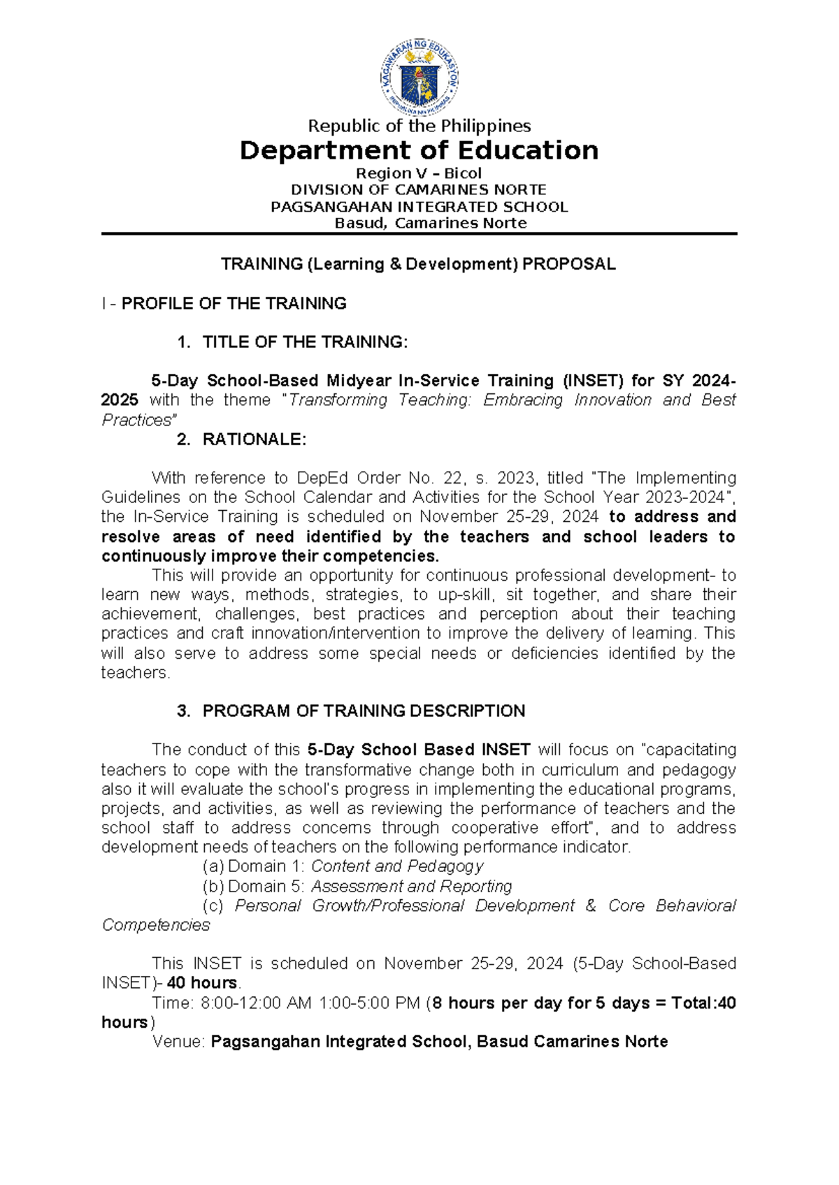 5-DAY- School- Based- Inset-2024- Proposal- Pagsangahan IS - Department ...
