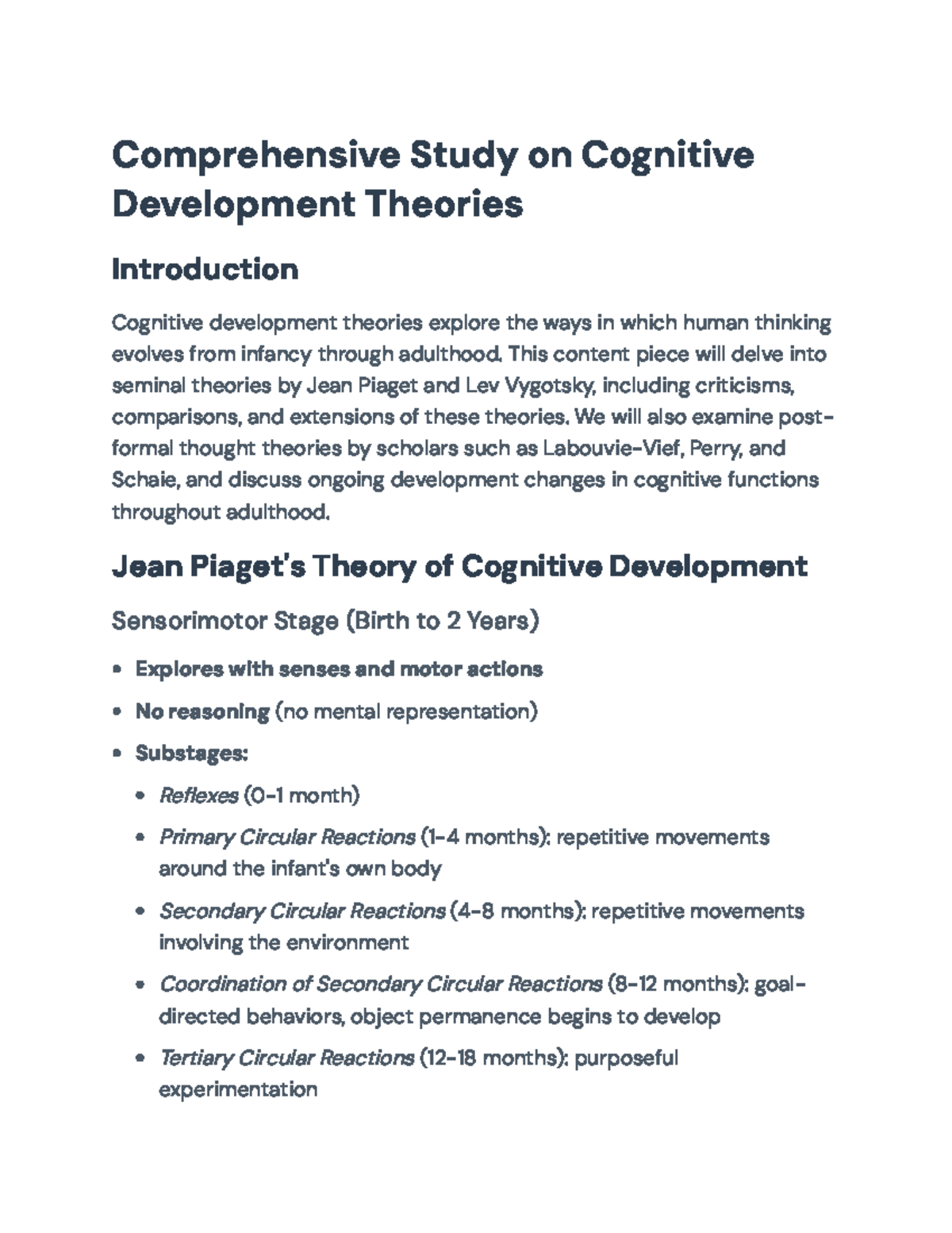 Comprehensive Overview of Cognitive Development Theories (PSY 201 ...