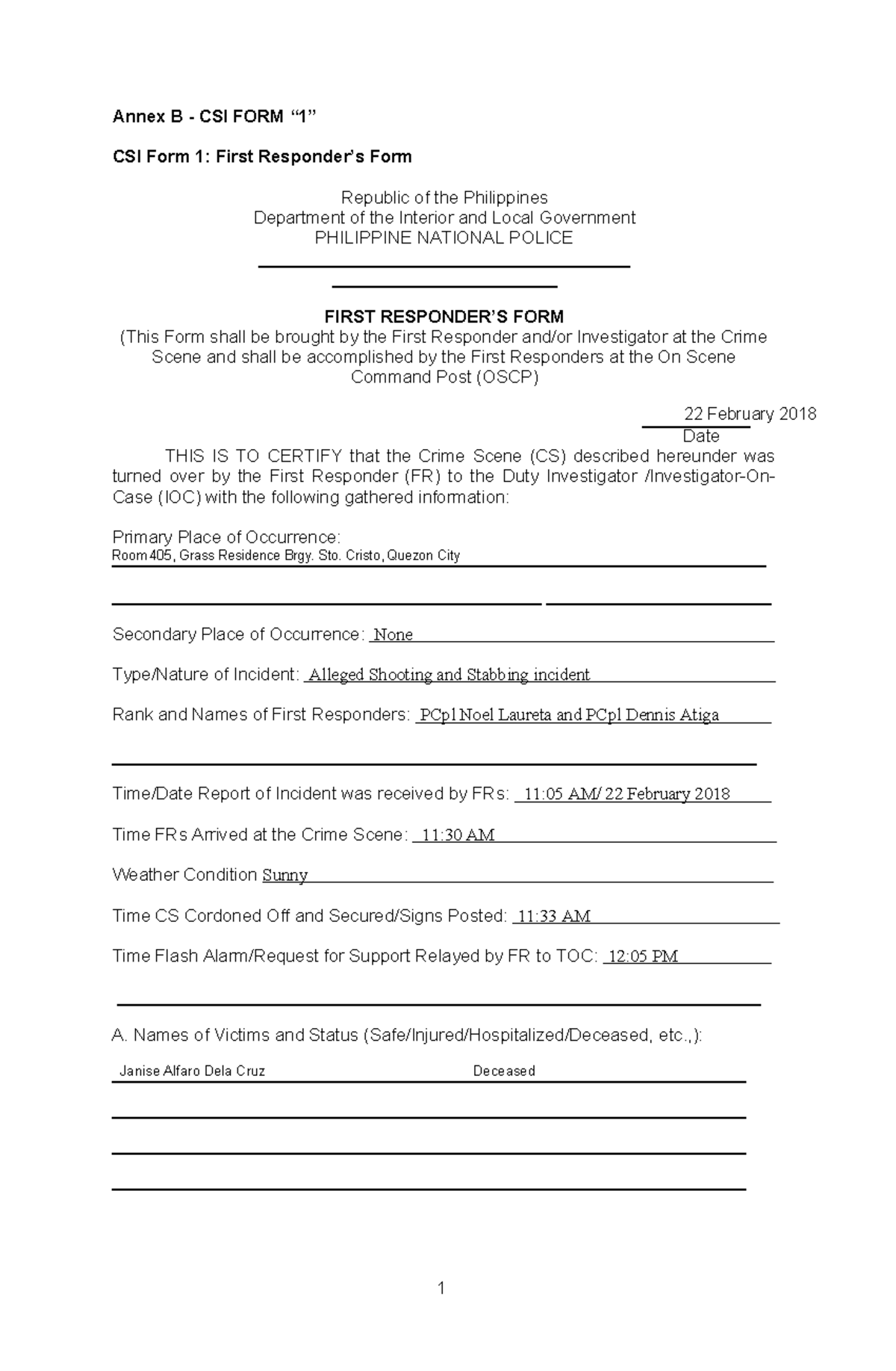 CSI Form Completion: CDI 1 - Fundamentals of Investigation - Studocu
