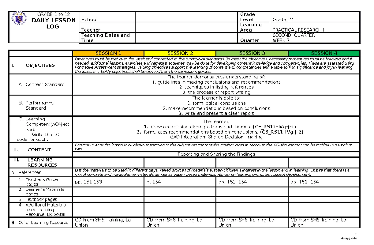 Week 3 - Practical Research DLL - GRADE 1 to 12 DAILY LESSON LOG School ...
