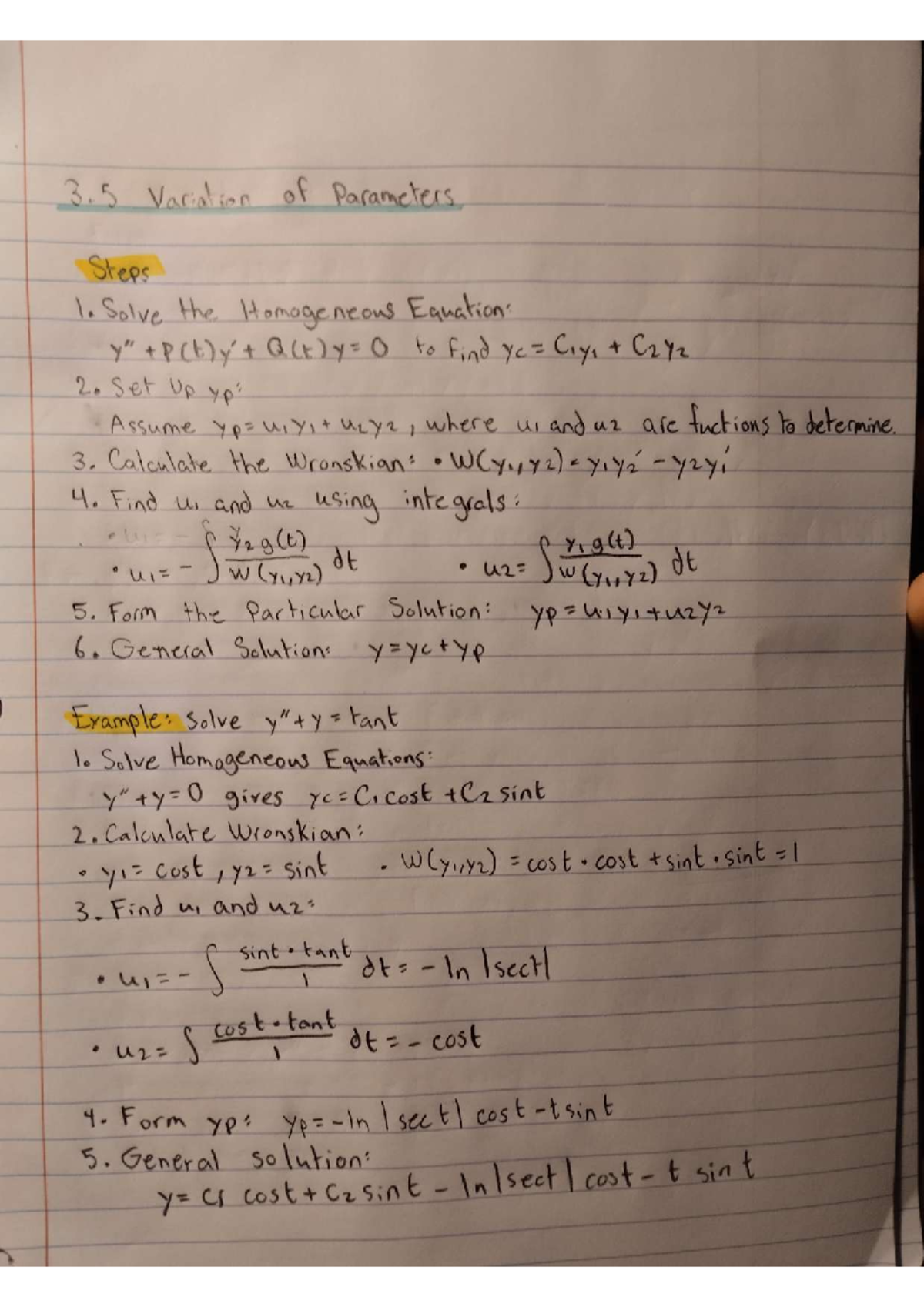 Variation of Parameters Steps for Homogeneous Equations (MATH 175 ...