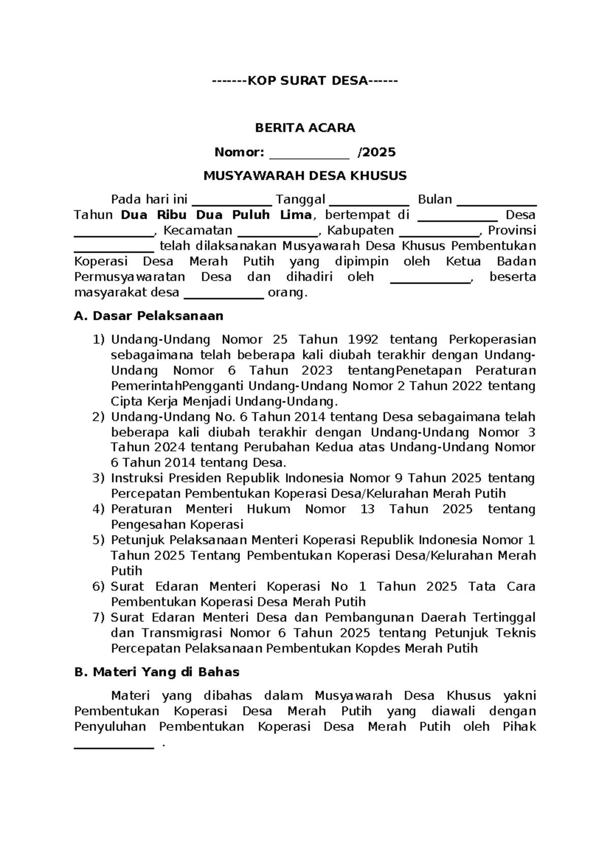 Template Berita Acara Musyawarah Desa Khusus Koperasi Desa Merah Putih ...