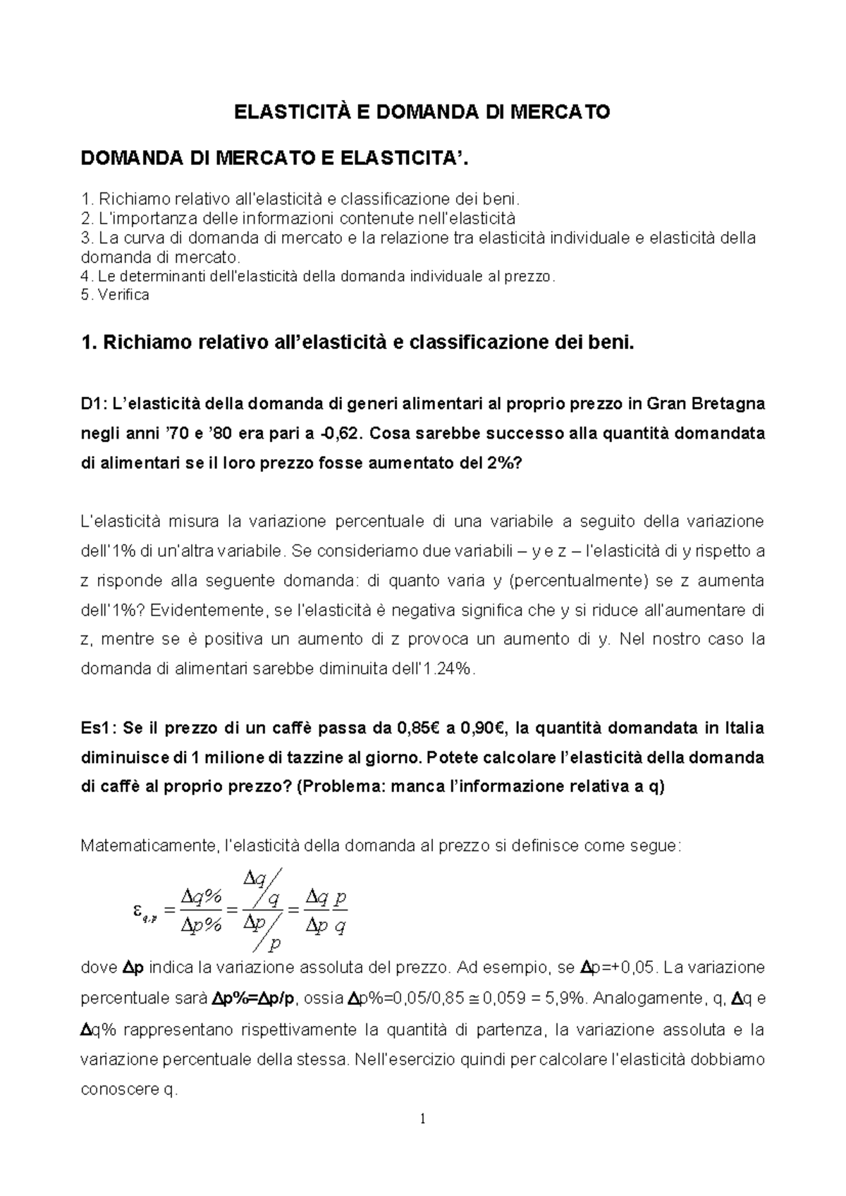 Elasticità e Domanda di Mercato: Analisi e Esercizi (ECON 101) - Studocu