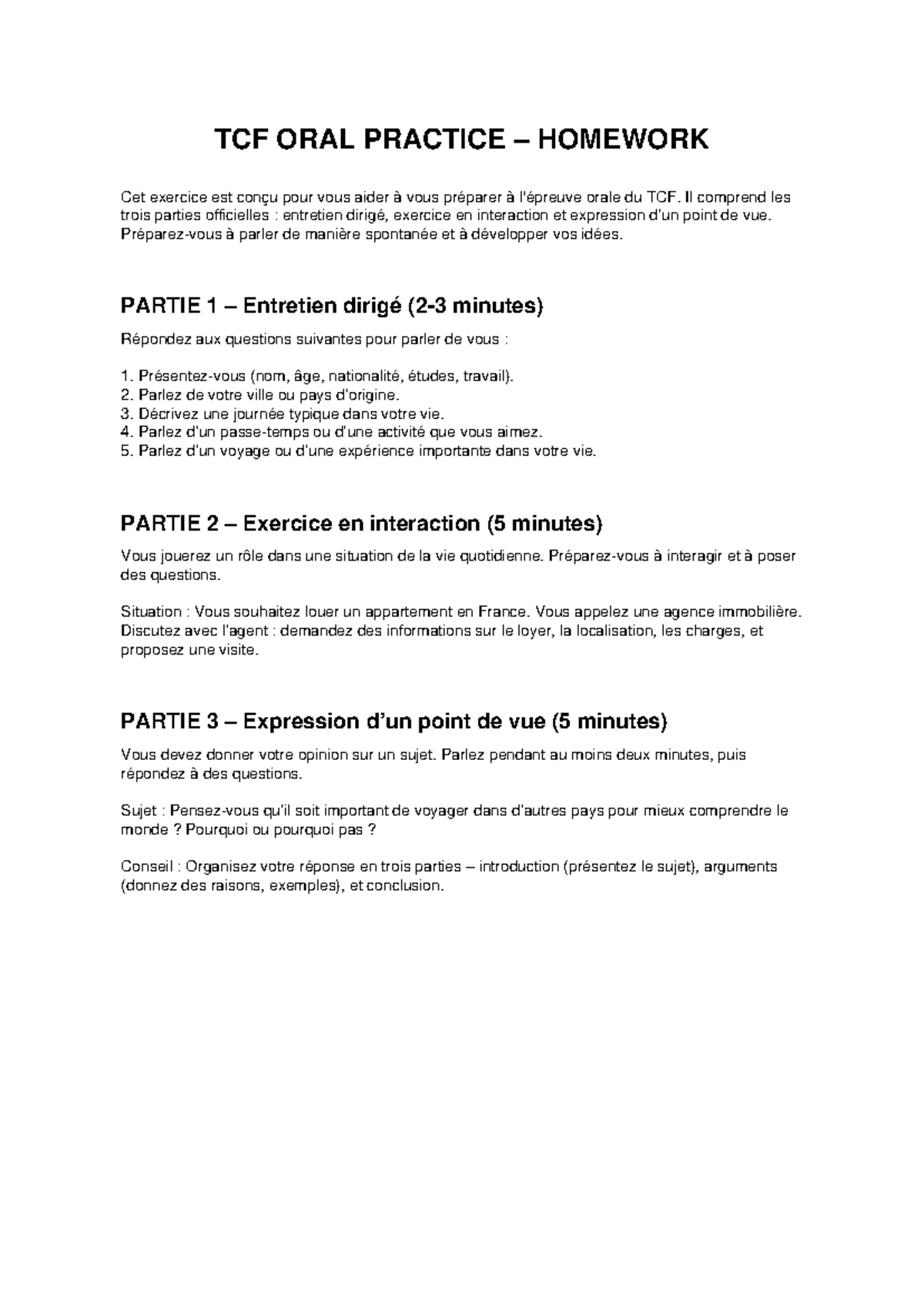 TCF ORAL PRACTICE HOMEWORK: Guide for Exam Preparation - Studocu