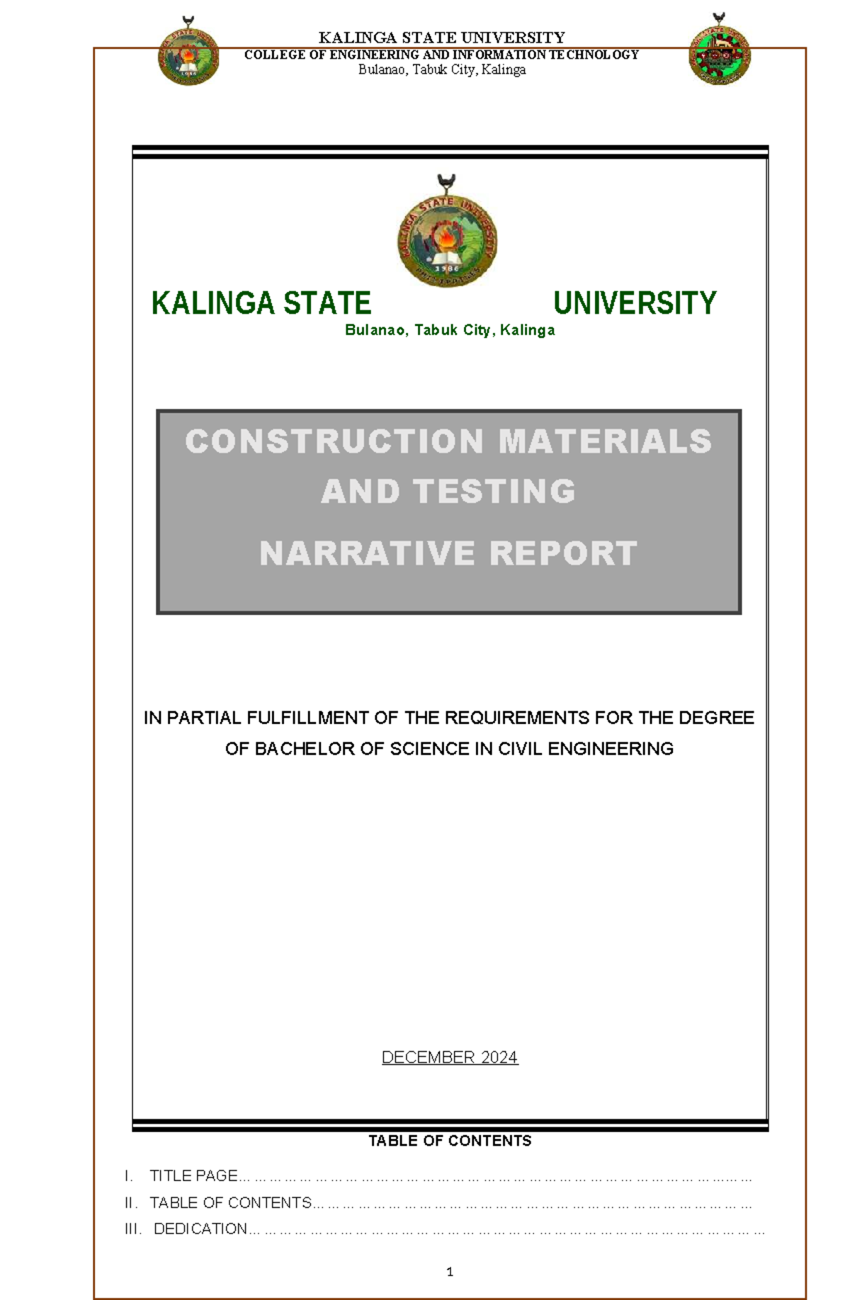 KSU CE 2024: Narrative Report on Construction Materials Testing - Studocu