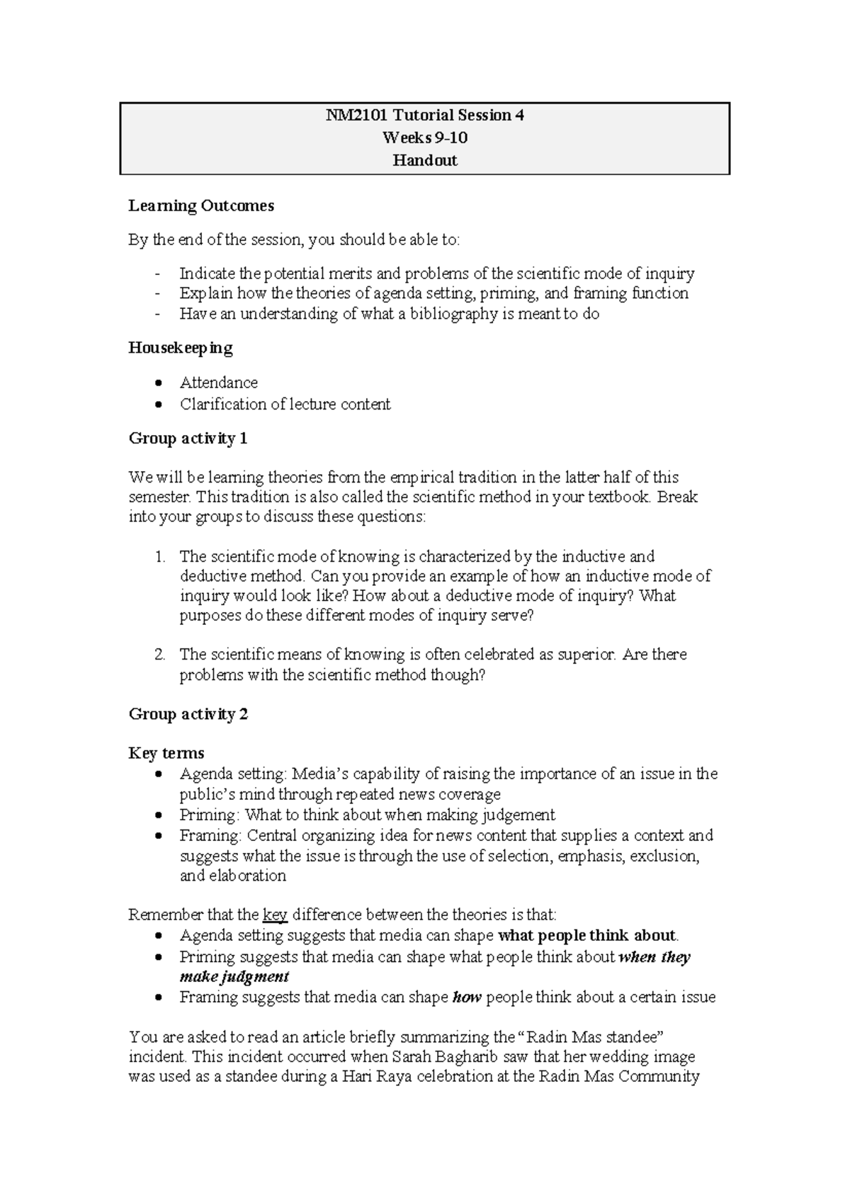NM2101 tutorial session 4 handout on scientific inquiry theories - Studocu