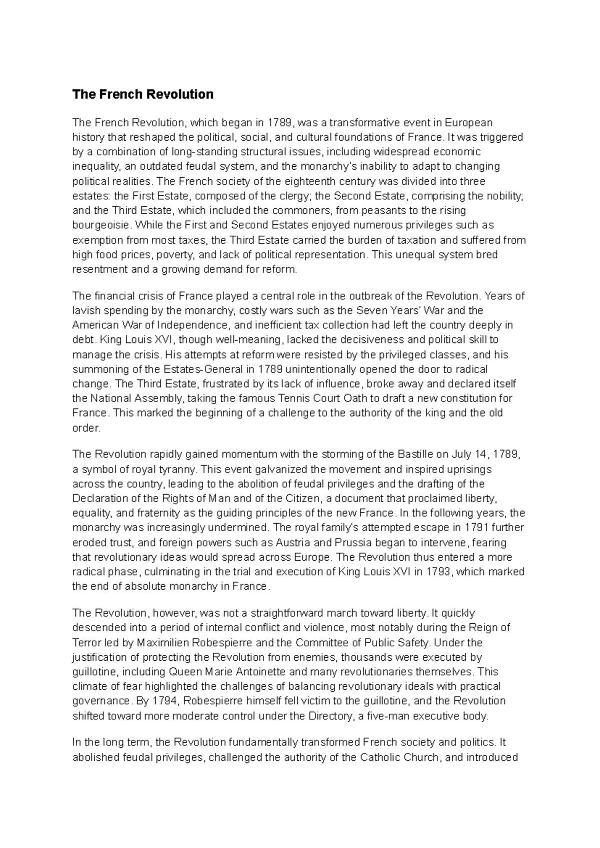 The French Revolution: Key Events and Impacts (HIST 101) - Studocu