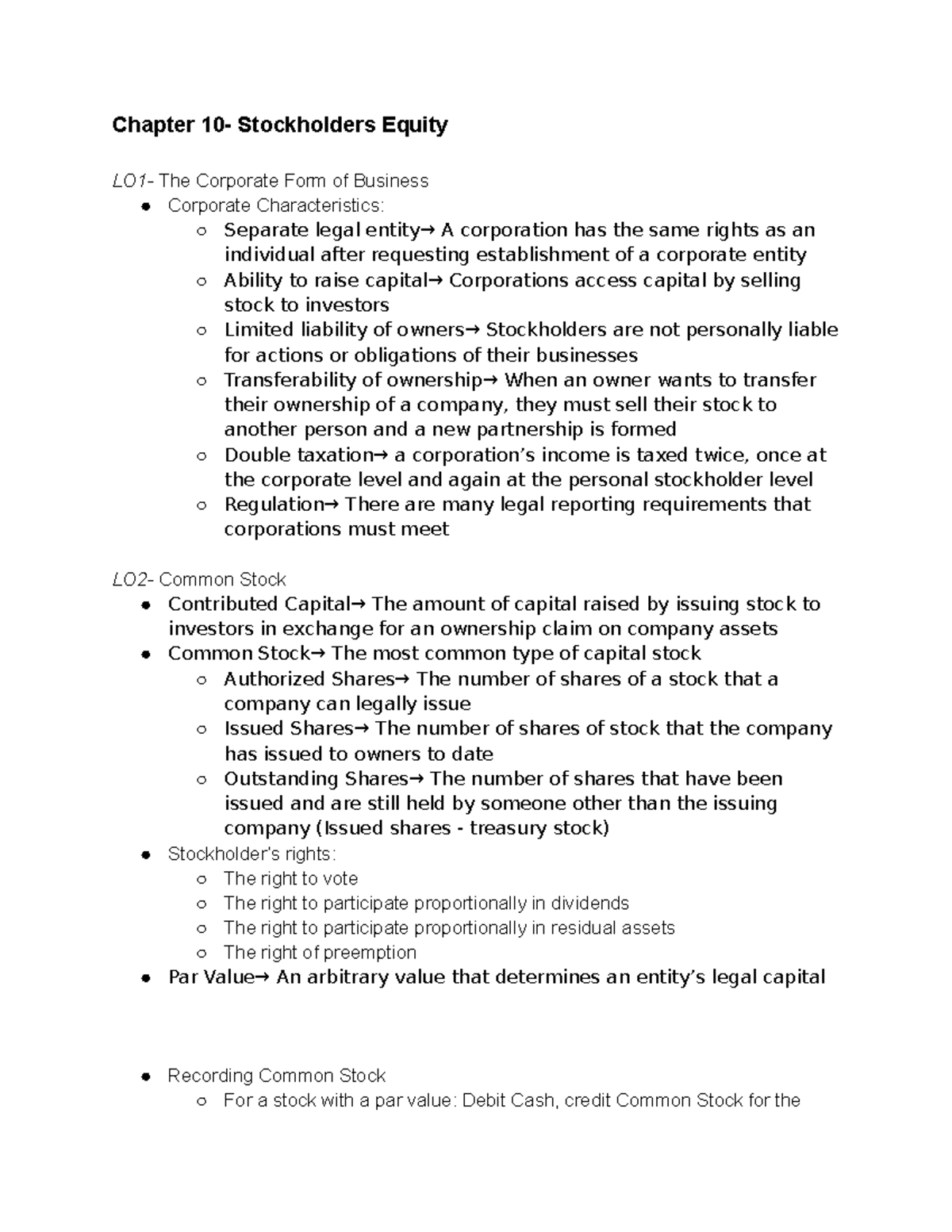 Accounting 211 Chapter 10 - Chapter 10- Stockholders Equity LO1- The ...