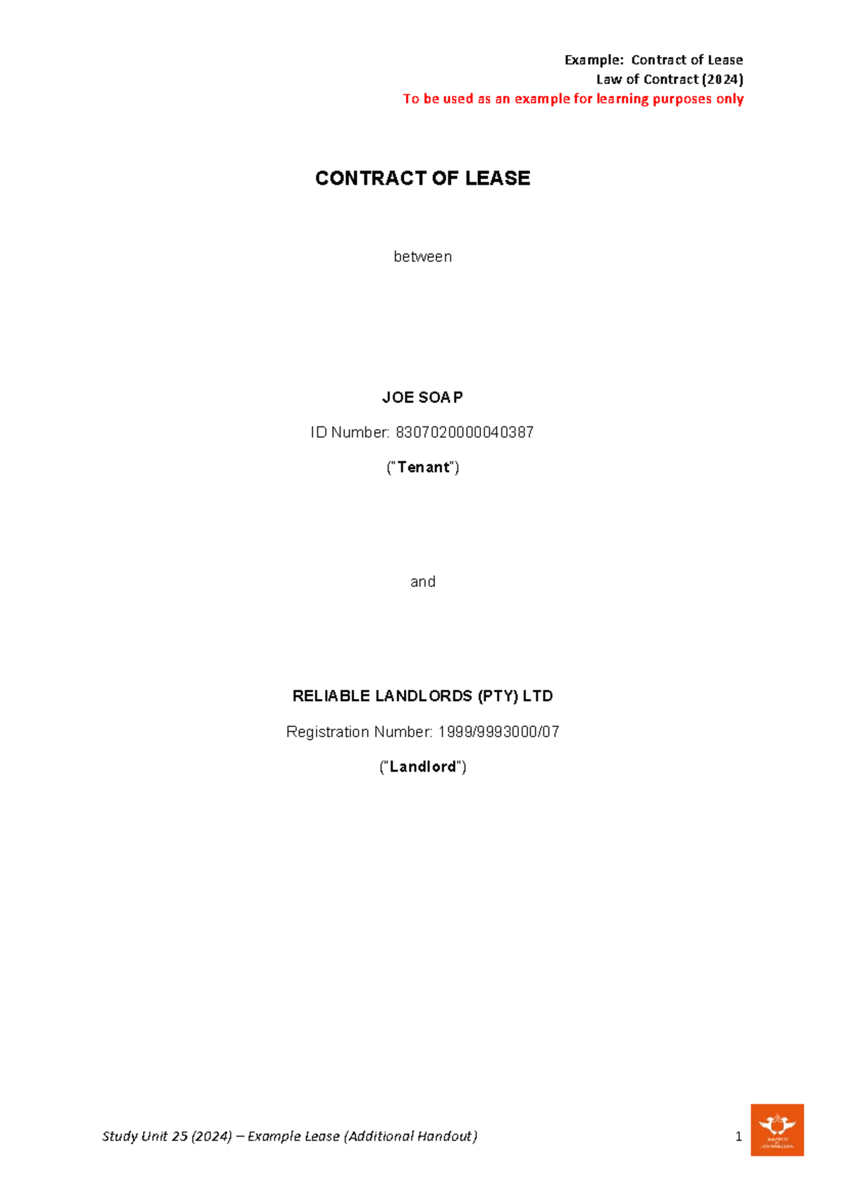 Example Lease Agreement: Law of Contract (2024) Study Unit 25 - Studocu