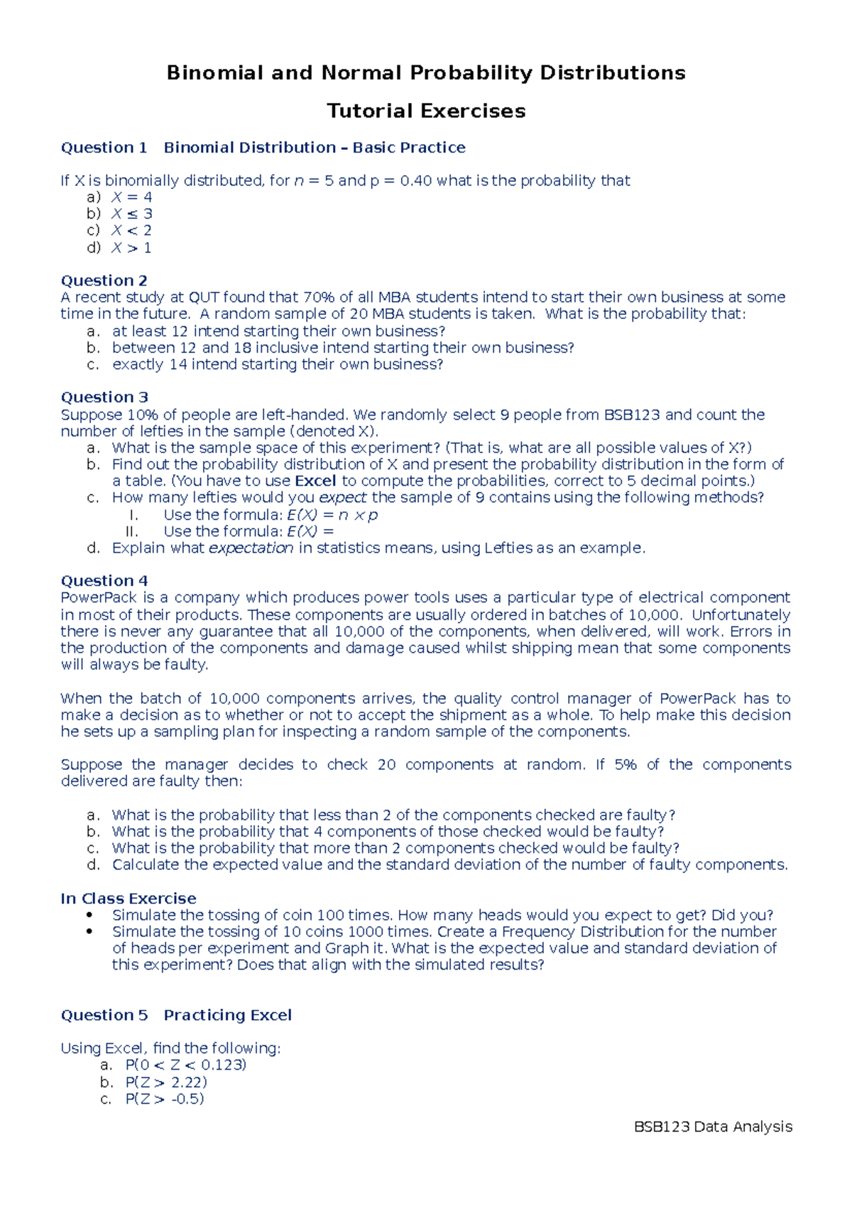 Binomial and Normal Probability Distributions Tutorial Questions ...