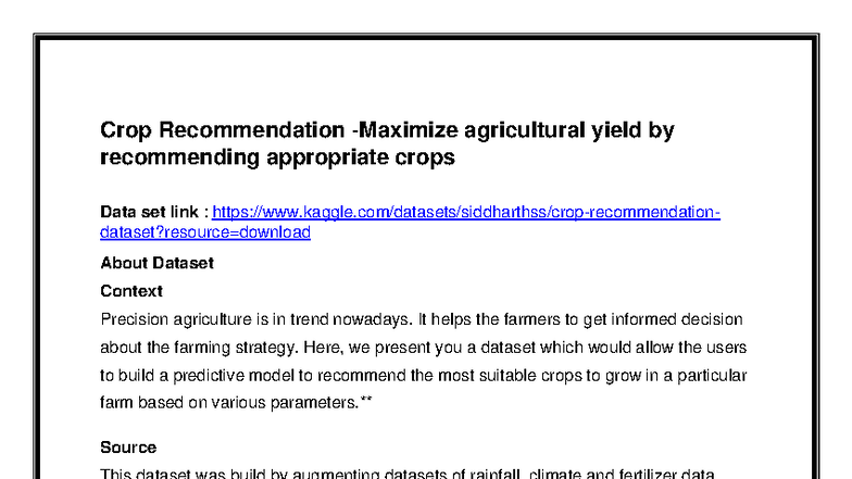 Crop Recommendation Using Auto AI for Precision Agriculture - Studocu