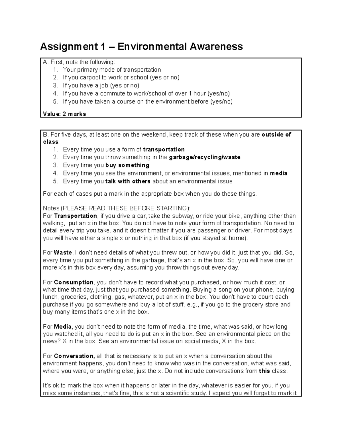 ENV 101 Assignment 1: Environmental Awareness Tracking Guide - Studocu