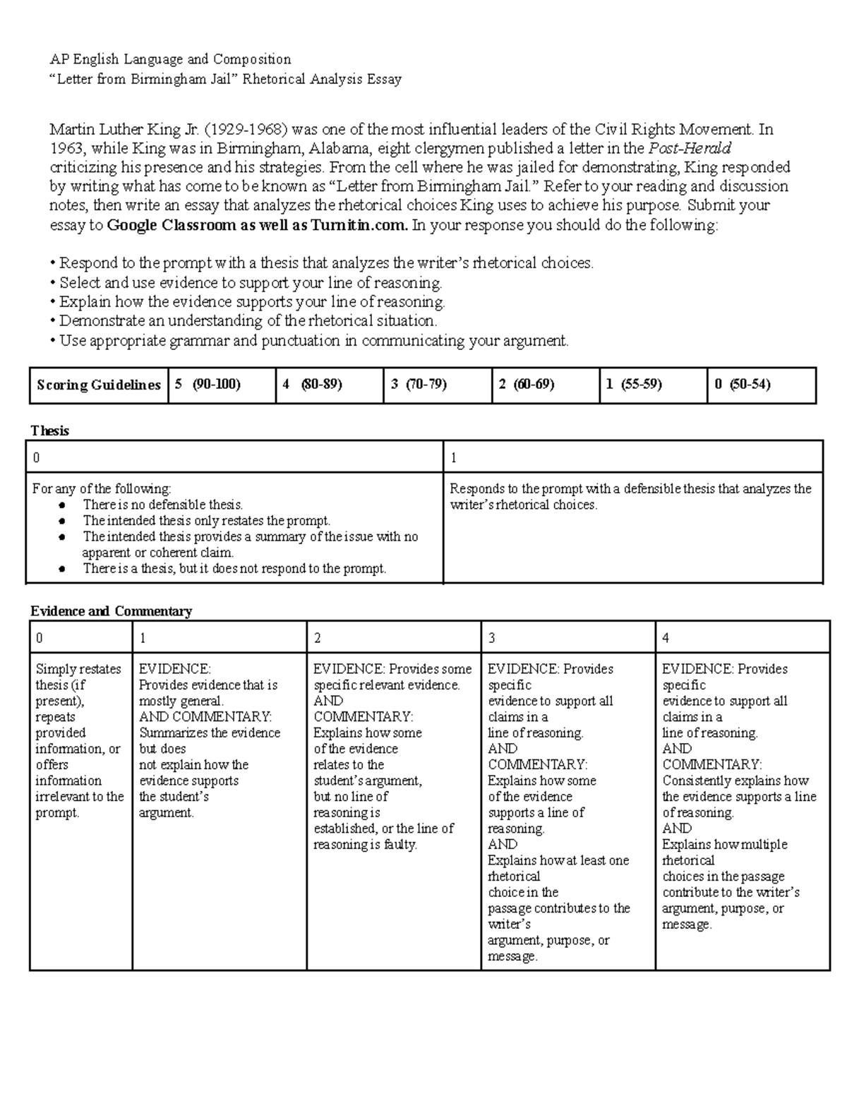Letter from Birmingham Jail RA Essay Prompt - AP English Language and ...