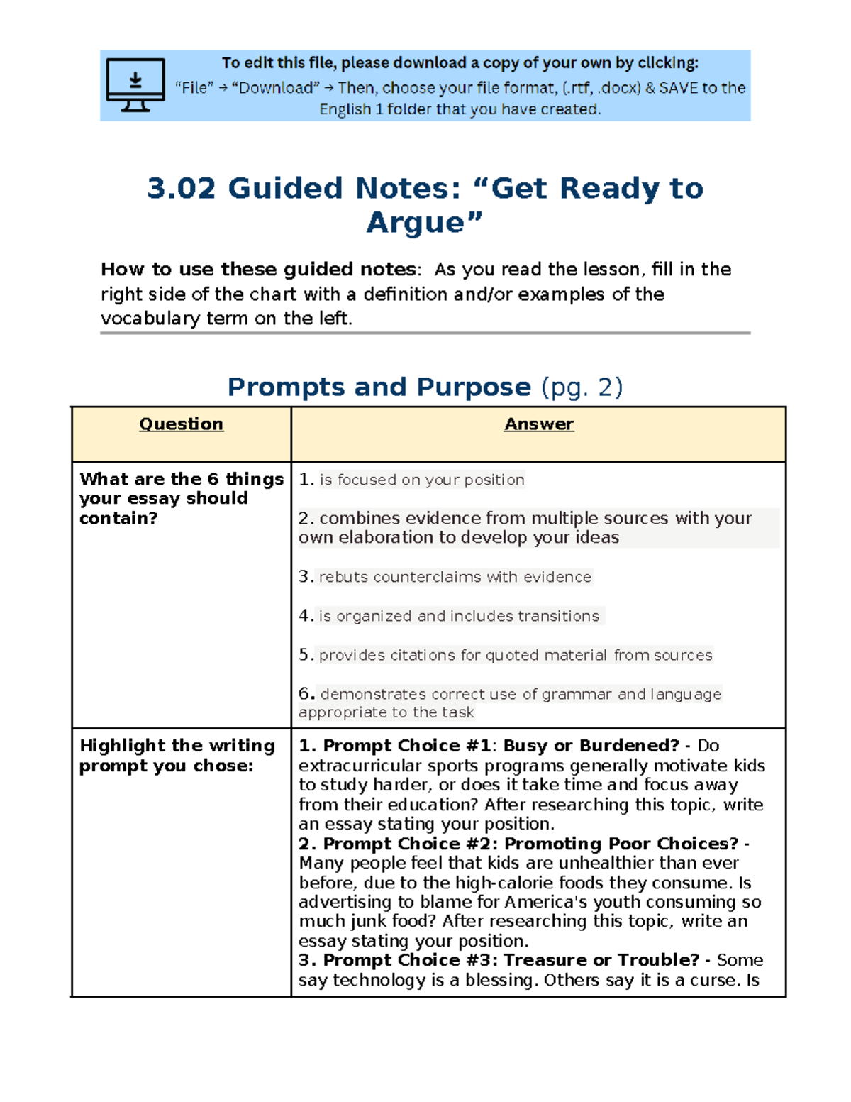 3.02 Guided Notes: Argumentative Essay Writing Techniques - Studocu