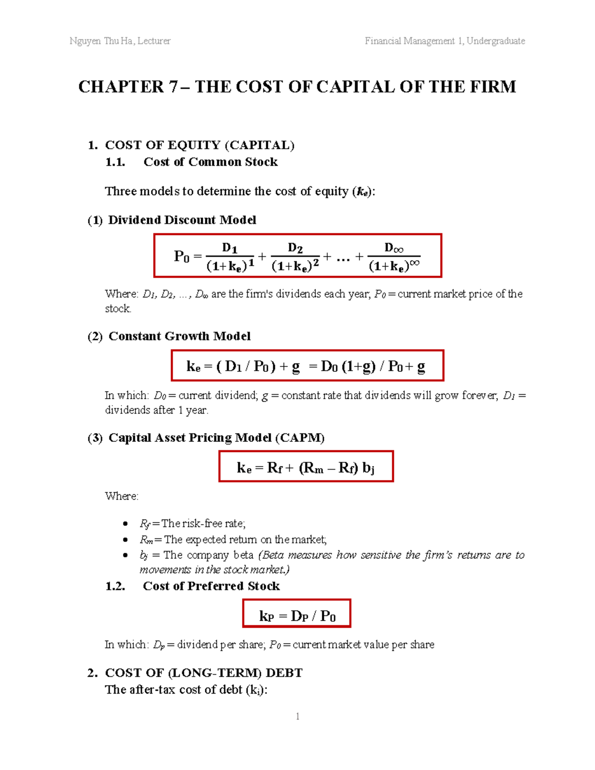 Financial Management 1: Chapter 7 - Cost of Capital Formulas - Studocu