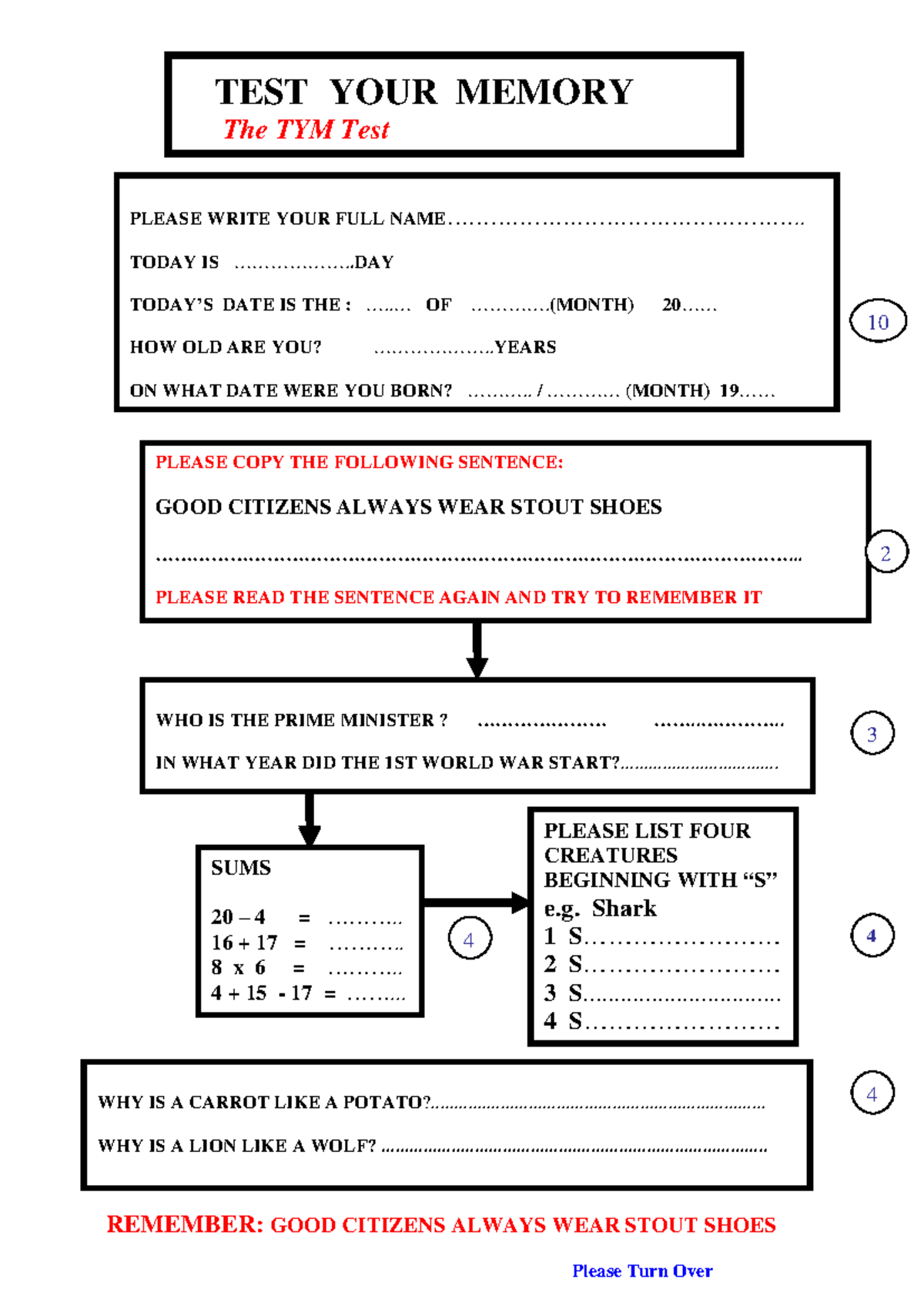 TYM Test - Memory Assessment Questions and Tasks - Studocu