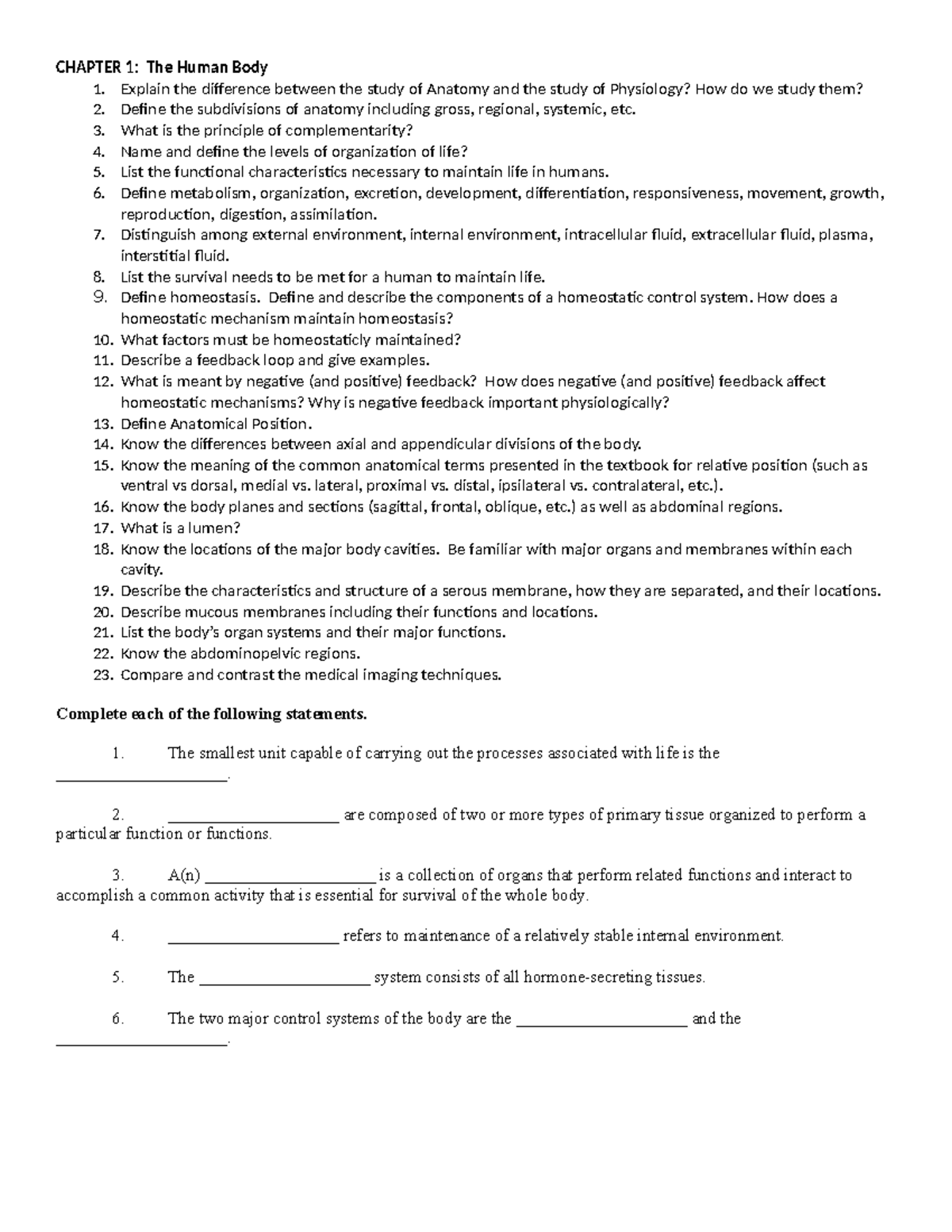 Ch 1 Study Guide: Anatomy & Physiology Overview - Studocu