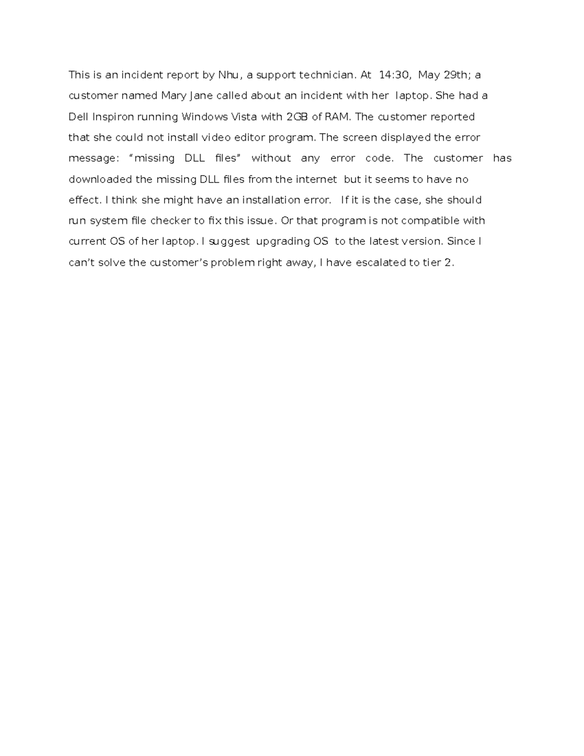 Write-u5 tacntt 1 - bbbi - This is an incident report by Nhu, a support ...