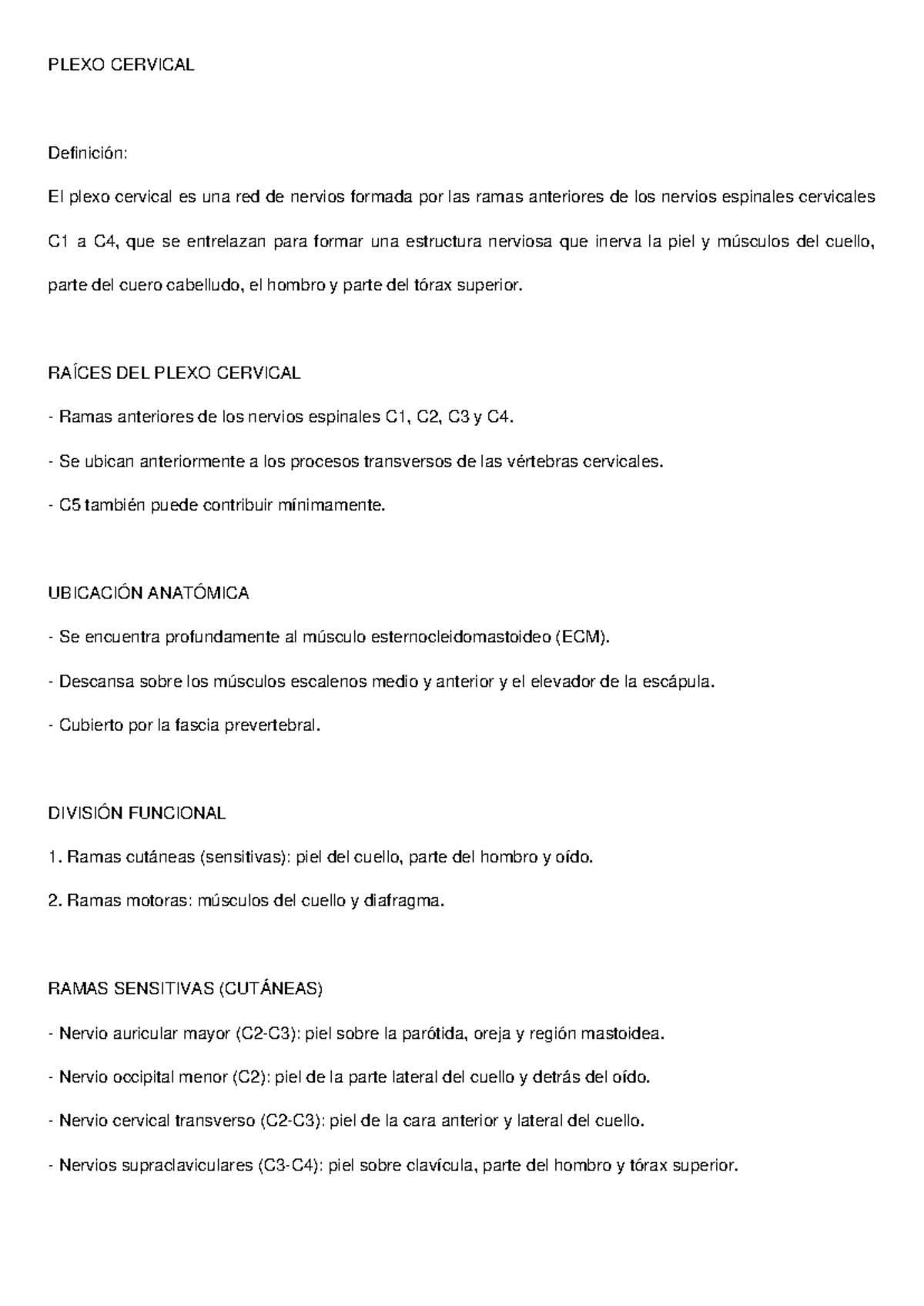 Resumen del Plexo Cervical: Definición y Funciones (C1-C4) - Studocu