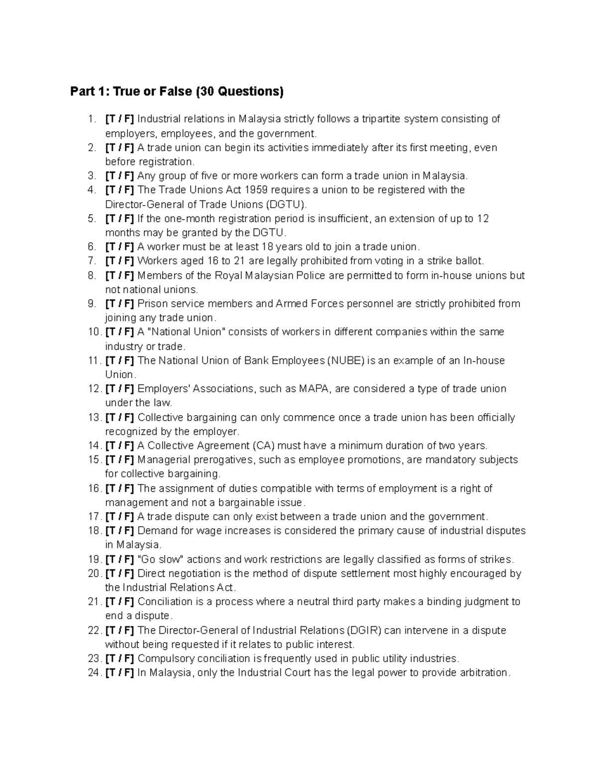 Test MGT340: True/False & MCQ on Industrial Relations in Malaysia - Studocu