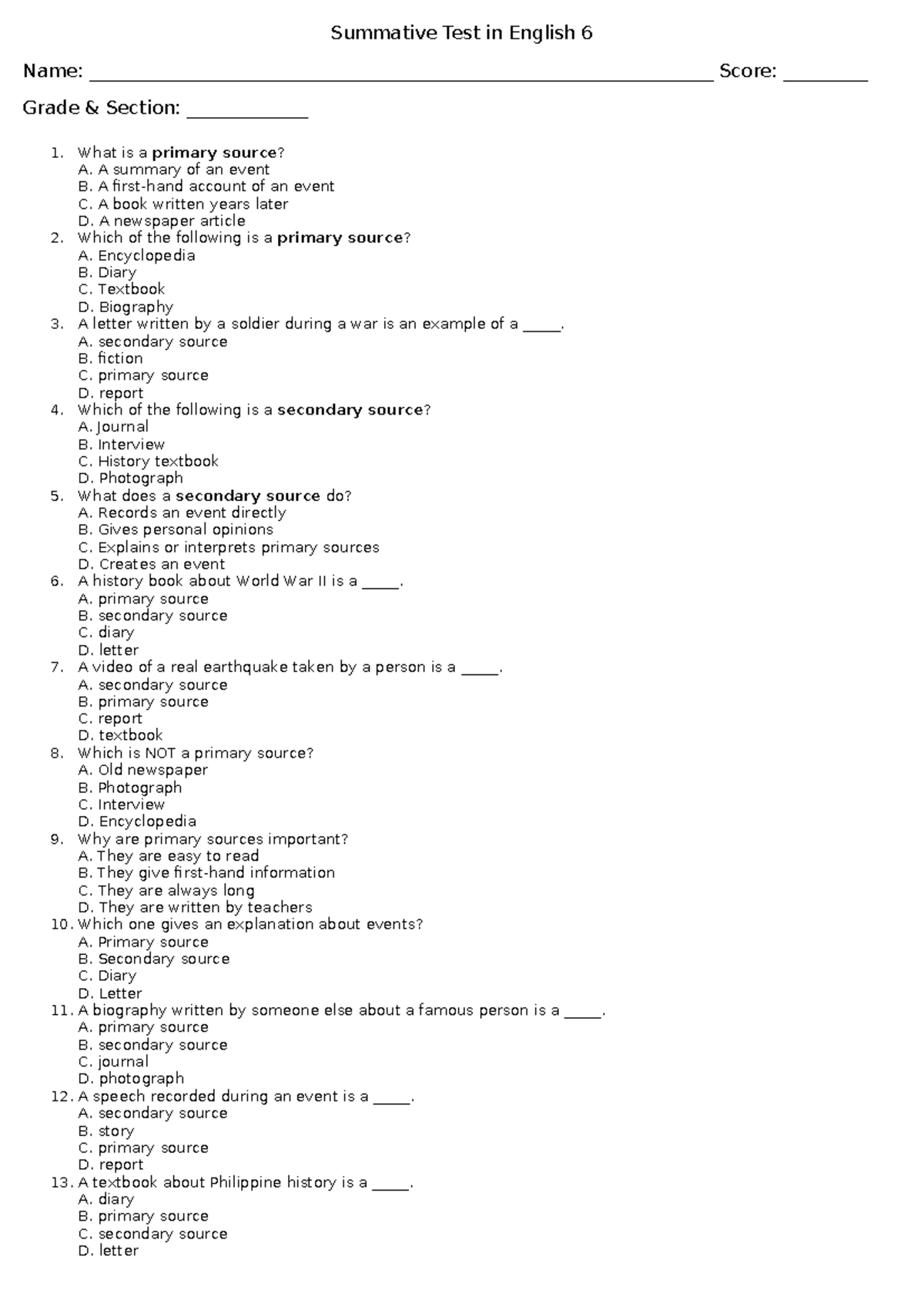 Summative Test: Understanding Primary and Secondary Sources in English ...