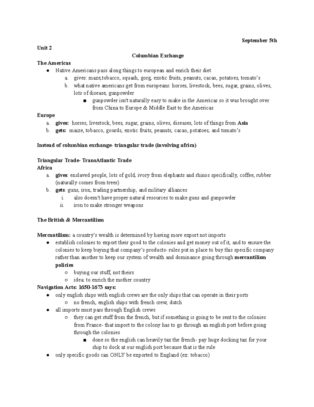 APUSH Unit 2 Notes: Columbian Exchange and Colonial Economies - Studocu