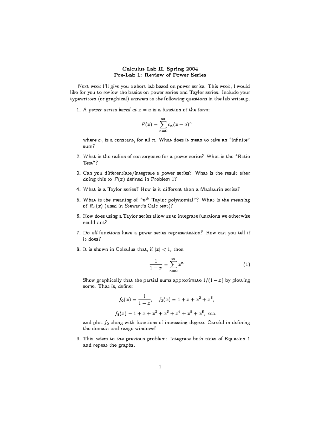 Calculus Lab II Pre-Lab on Power Series and Taylor Series - Studocu