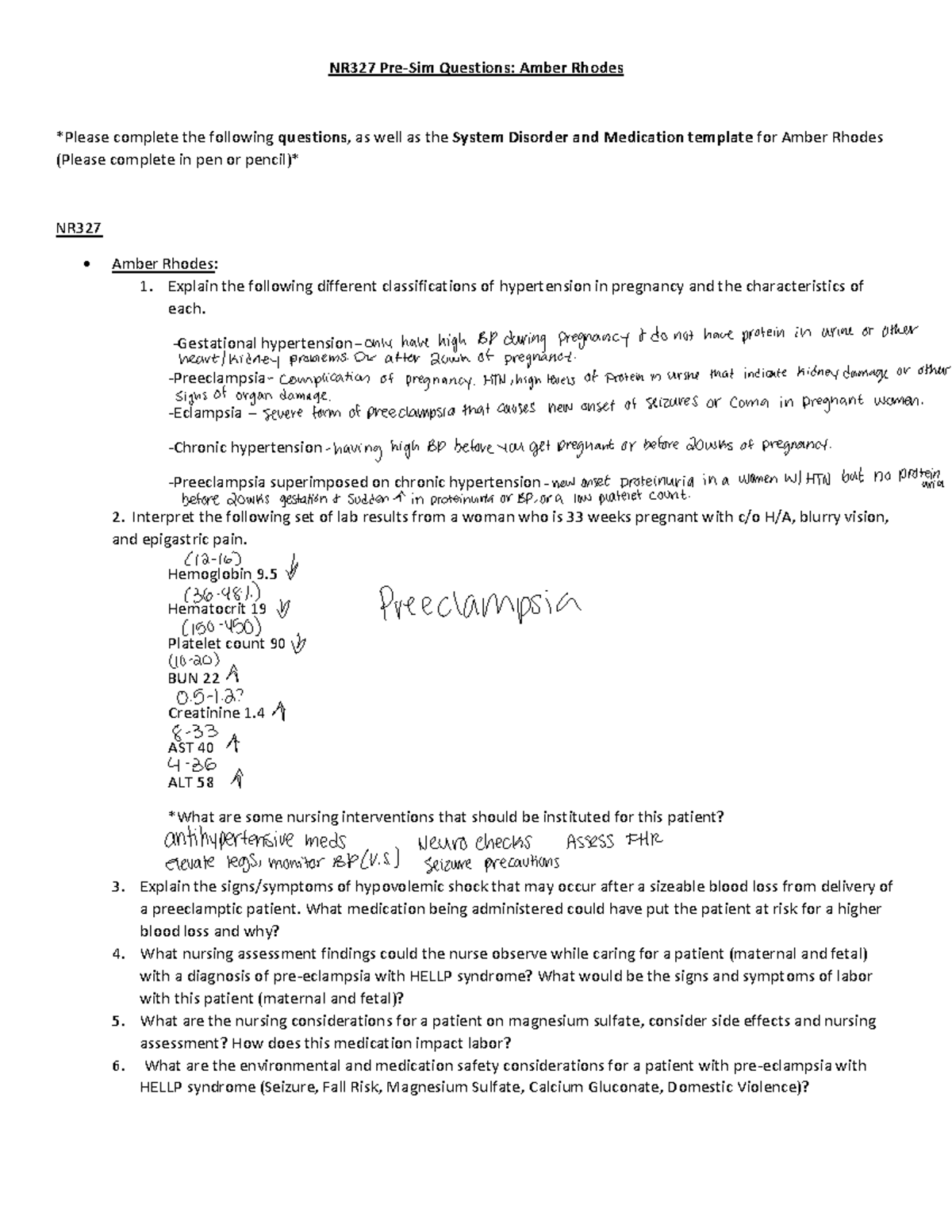 NR327 Pre-Sim Questions on Hypertension in Pregnancy for Amber Rhodes ...